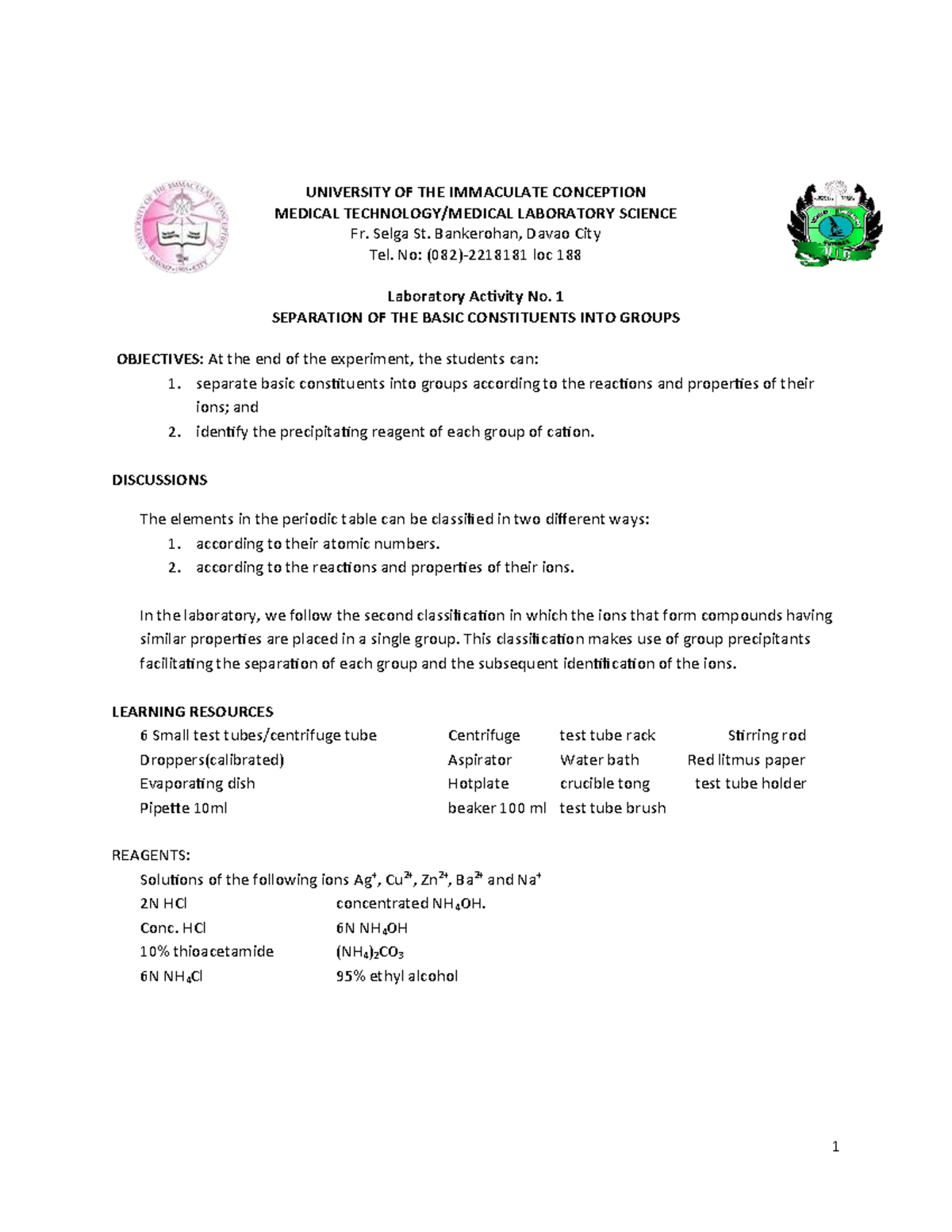 Laboratory Activity No. 1: Separation of Basic Constituents in MLS ...