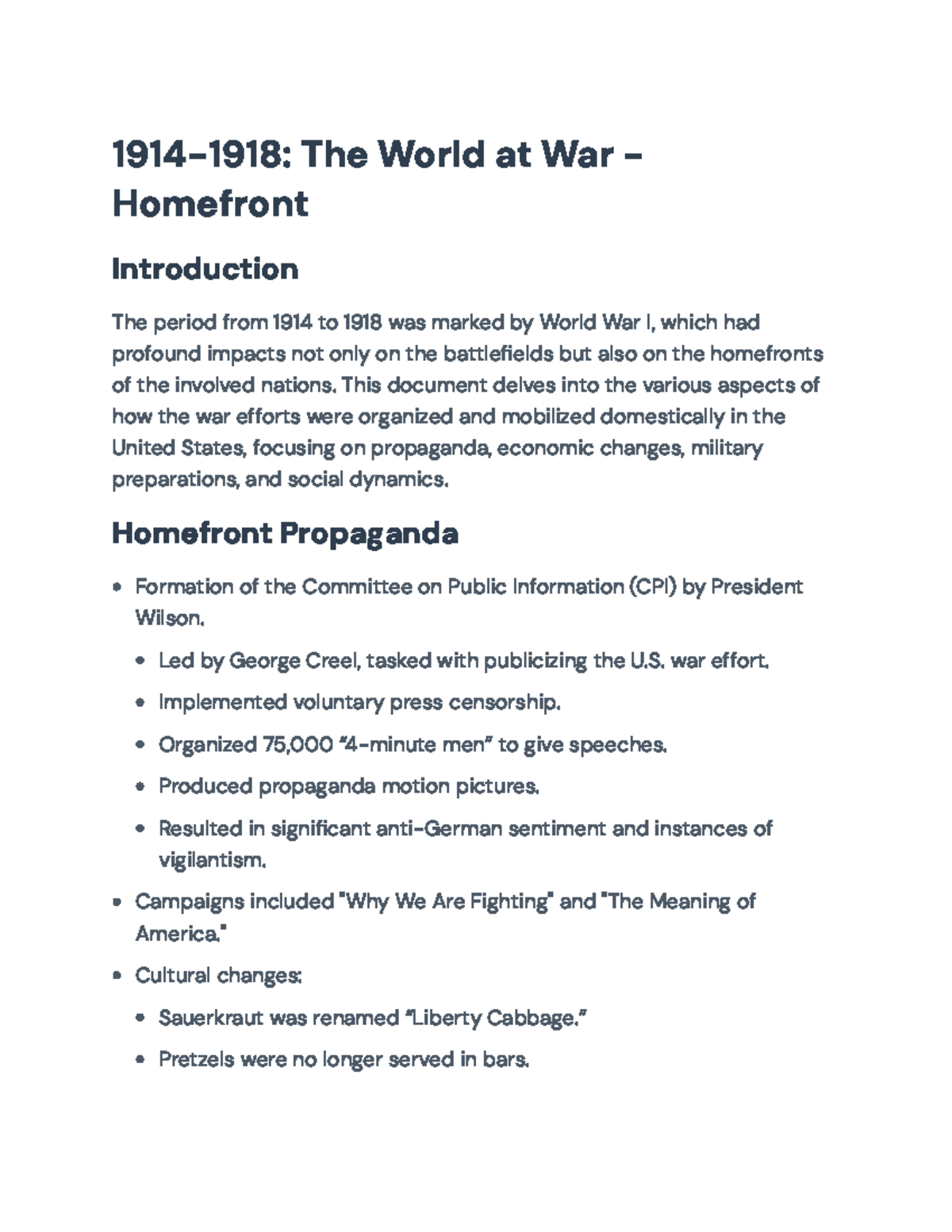 World War I: U.S. Homefront Dynamics and Mobilization (1914-1918 ...