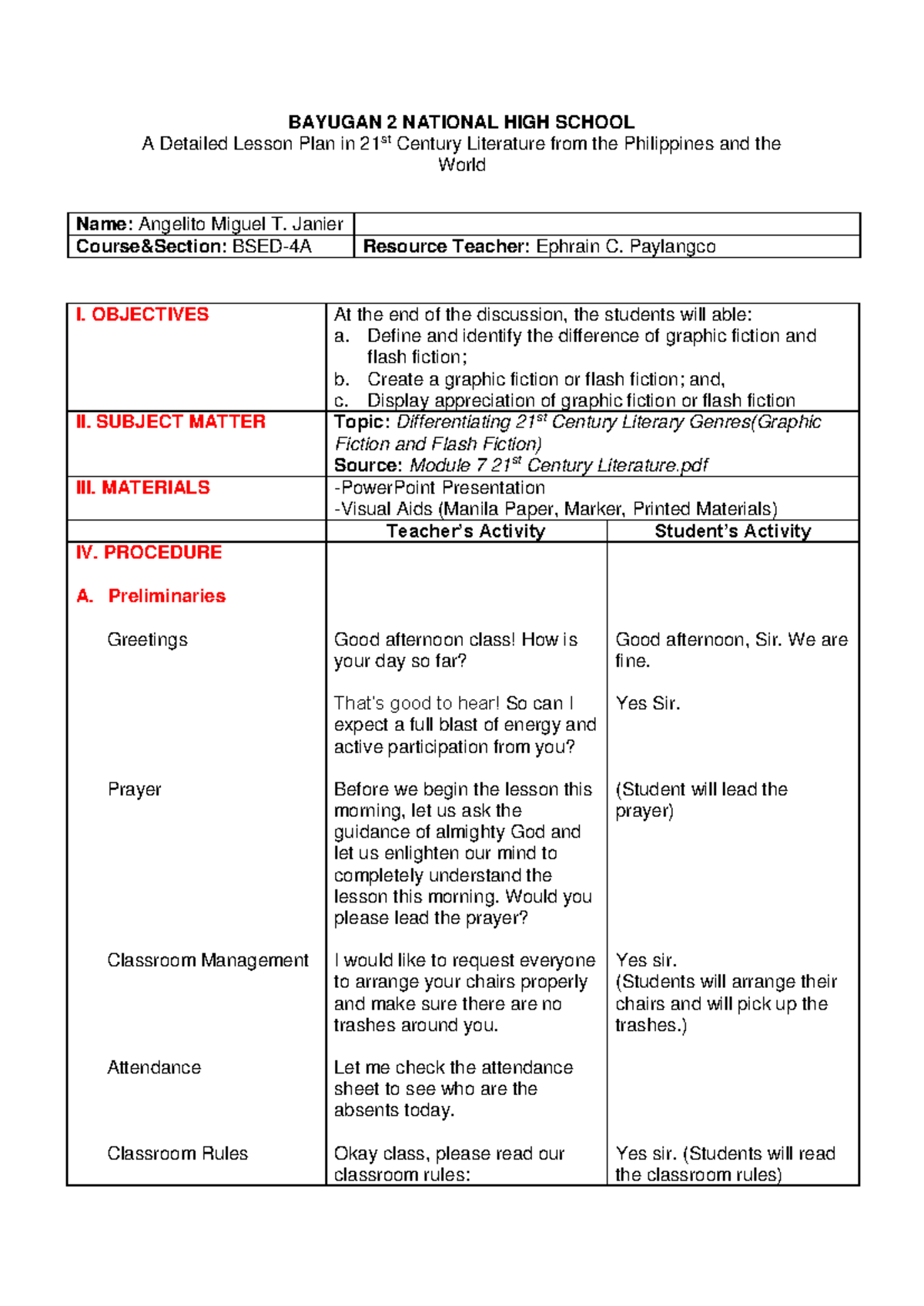 Lesson Plan BSED-4A: 21st Century Literature Module 7 - Studocu