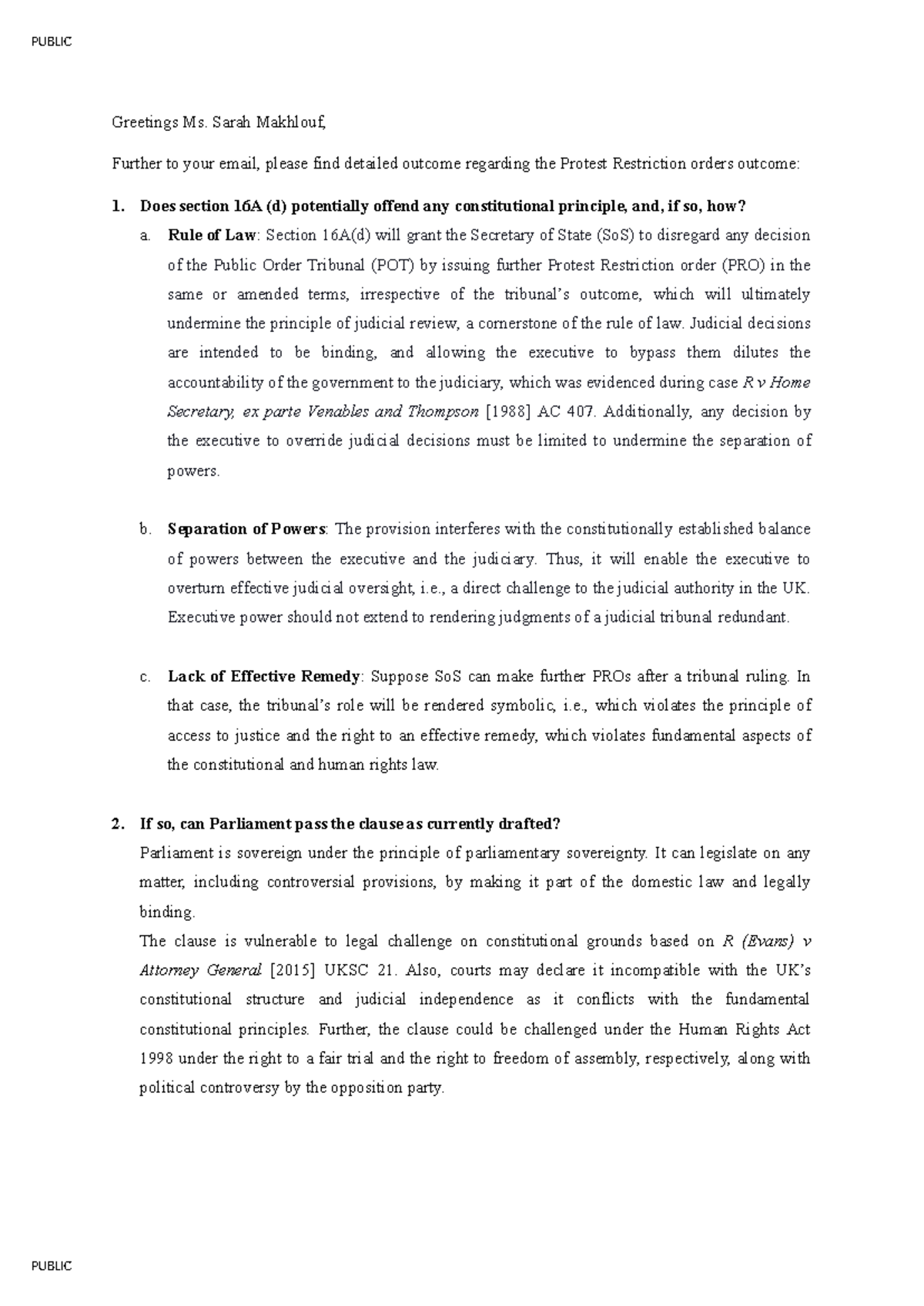 Public Law 1: Analysis of Protest Restriction Orders and Constitutional ...