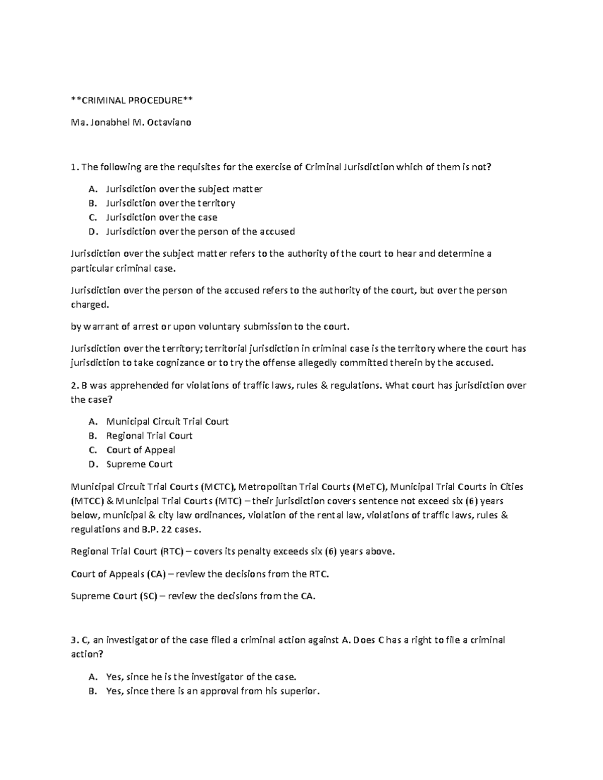 Criminal Procedure (CRIM 101): Jurisdiction and Arrest Concepts - Studocu