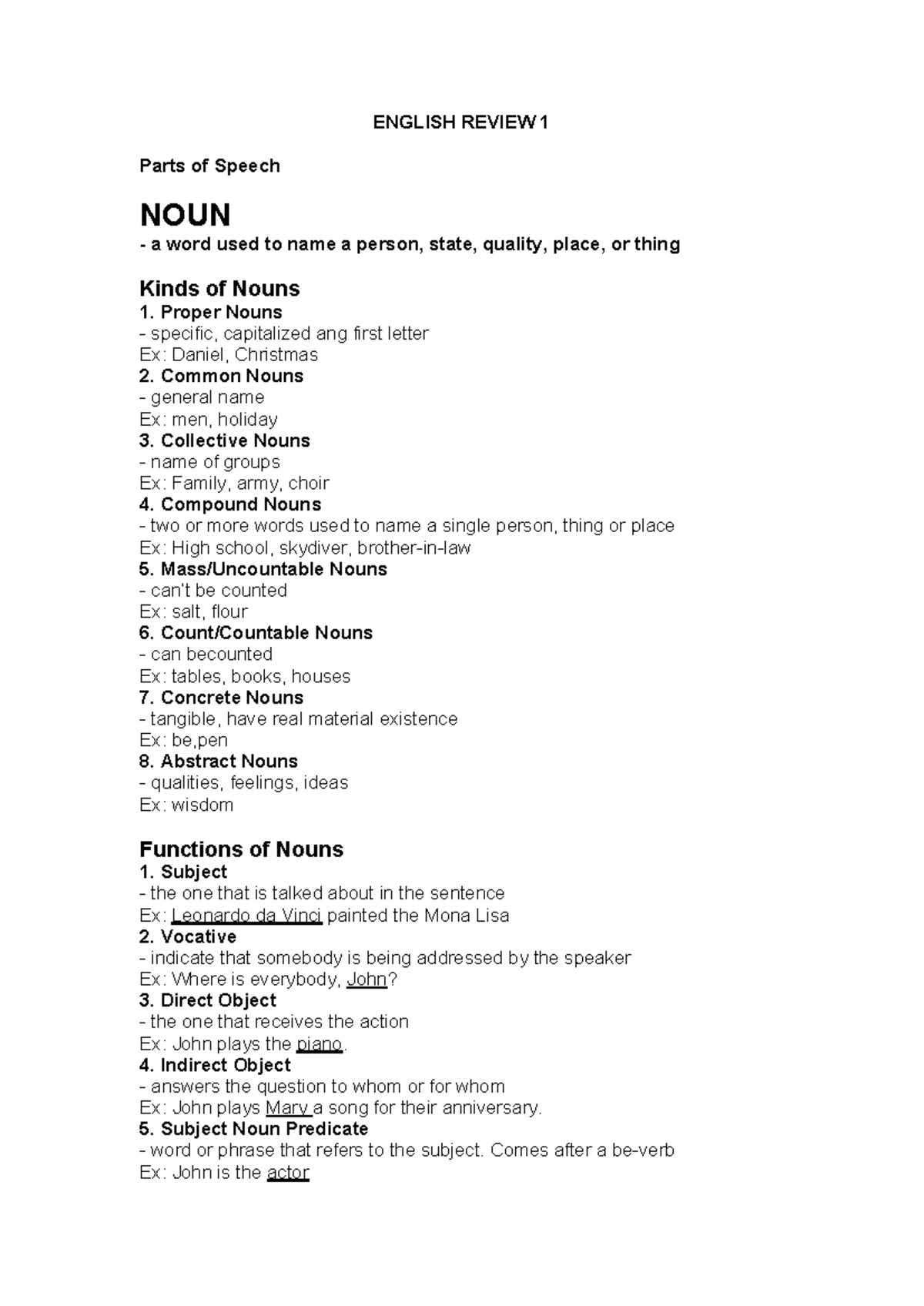 ENGLISH 101: Parts of Speech Review Notes - Studocu