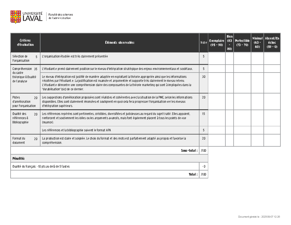 Grille d'Évaluation - Marketing Durable (Cours: 83) - Studocu