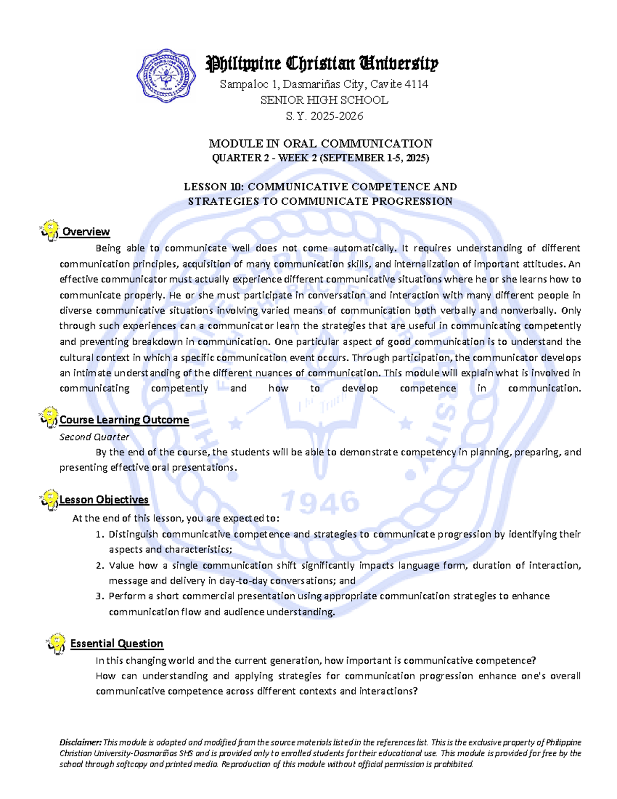 PCU SHS S.Y. MODULE: Oral Communication Q2 W2 - Lesson 10 on ...