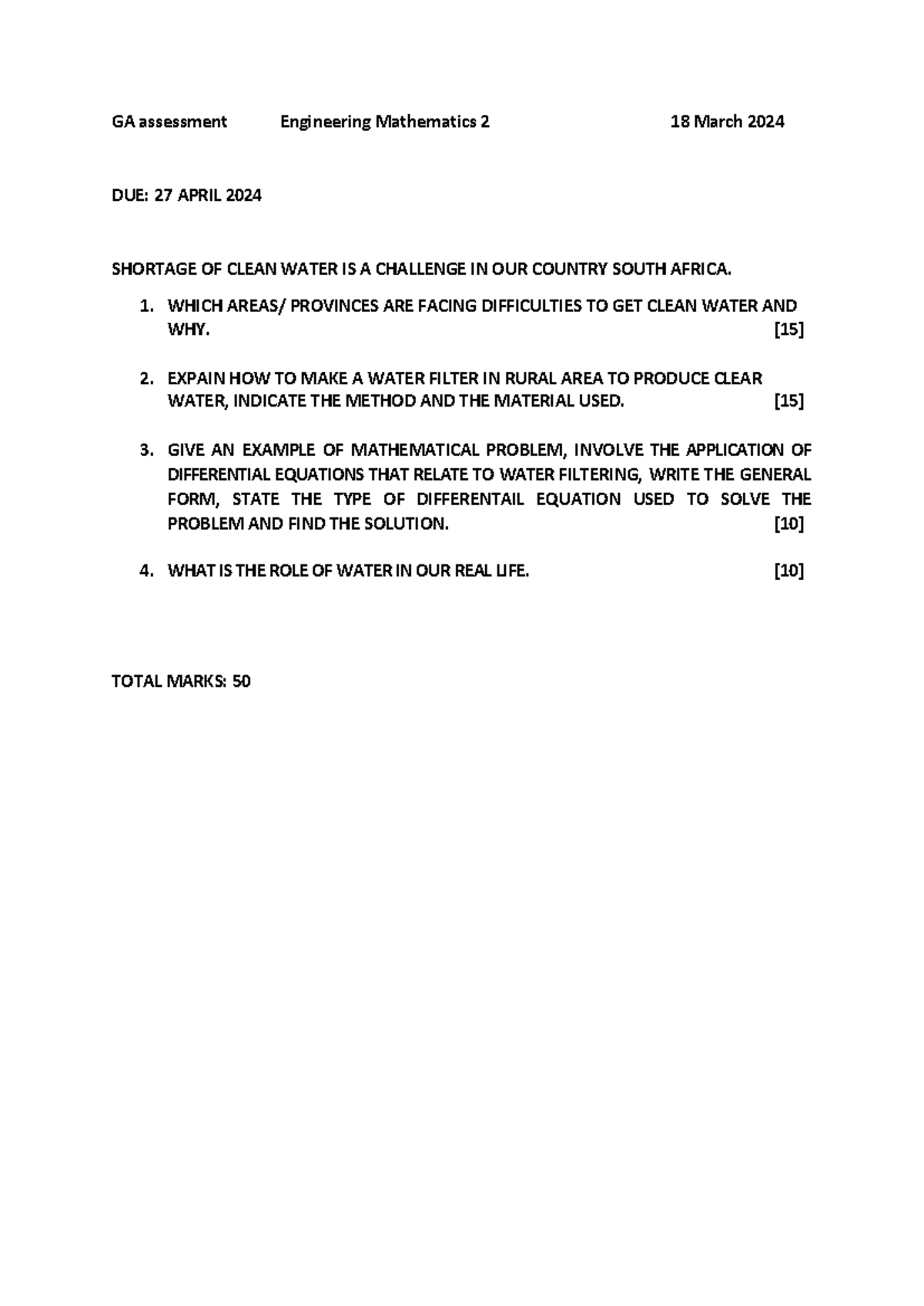 GA 2024 Engineering Maths Assessment: Water Challenges & Solutions ...