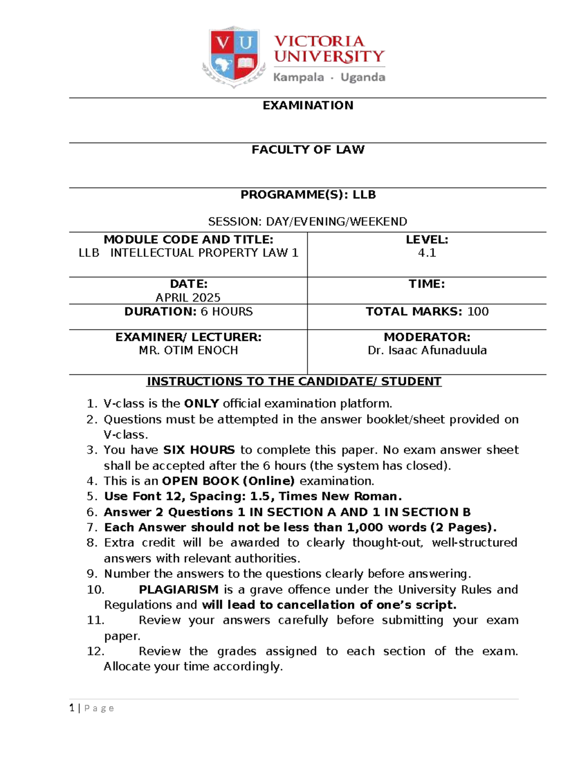 LLB Intellectual Property LAW Final EXAM 2025 Detailed Instructions ...