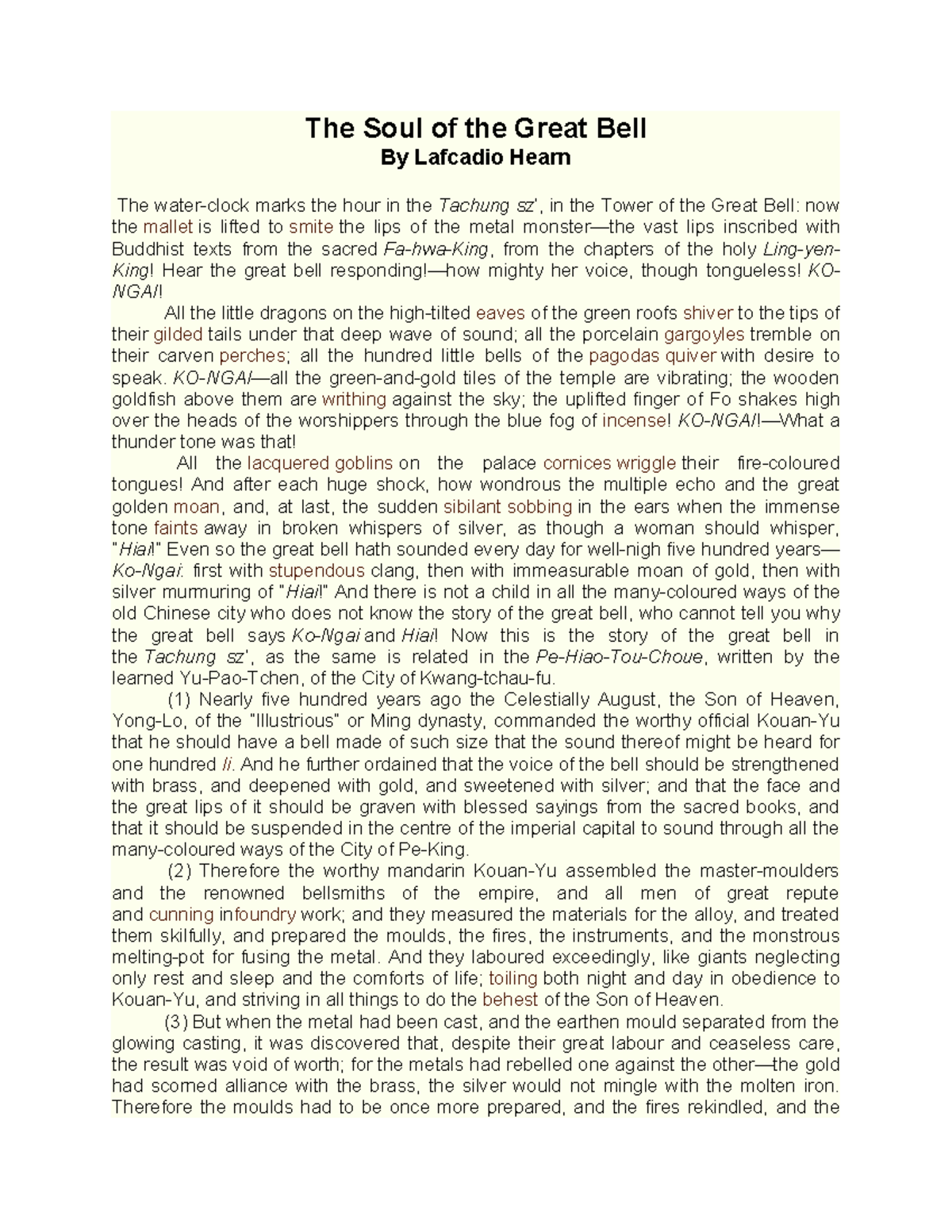 The Soul of the Great Bell: A Study of Lafcadio Hearn's Tale - Studocu