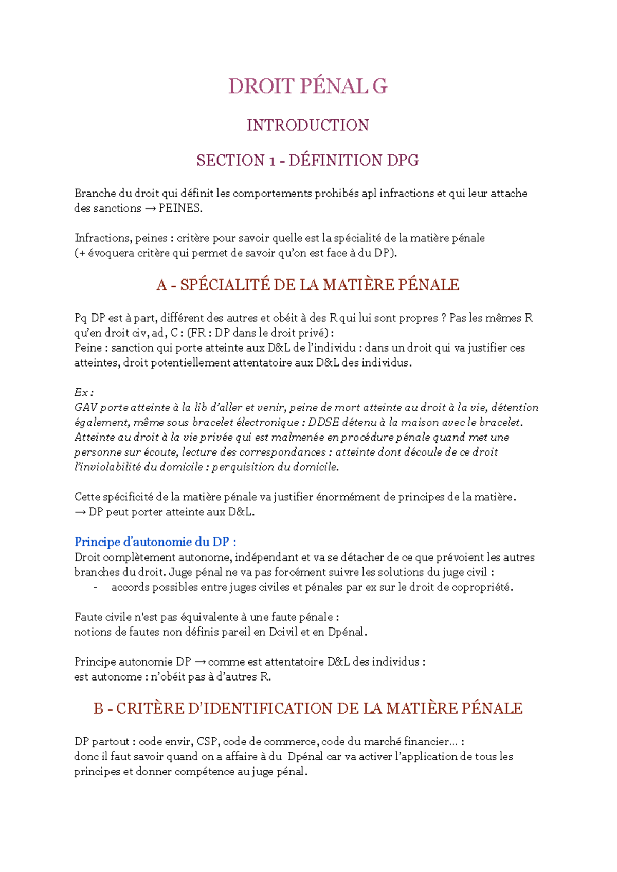DPG - DROIT PÉNAL GÉNÉRAL L2 - DROIT PÉNAL G INTRODUCTION SECTION 1 ...