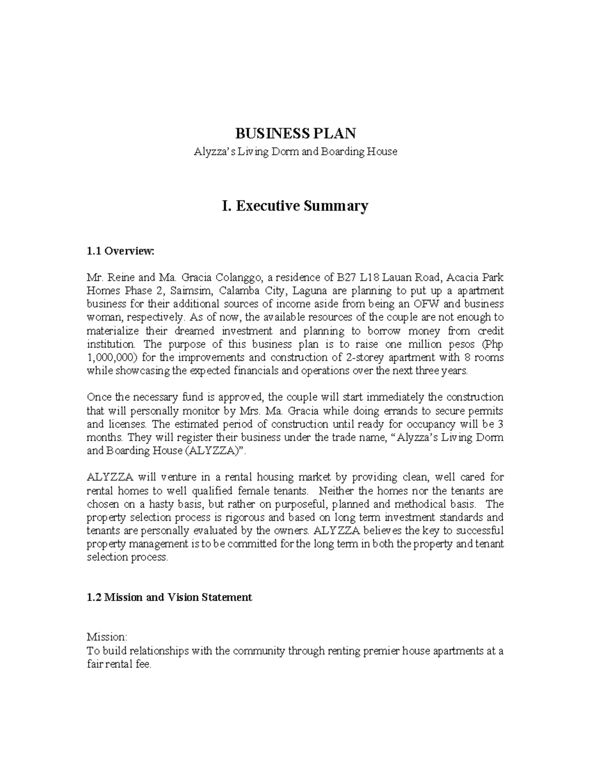 BP-Apartment - Business Plan Sample - BUSINESS PLAN Alyzza’s Living ...