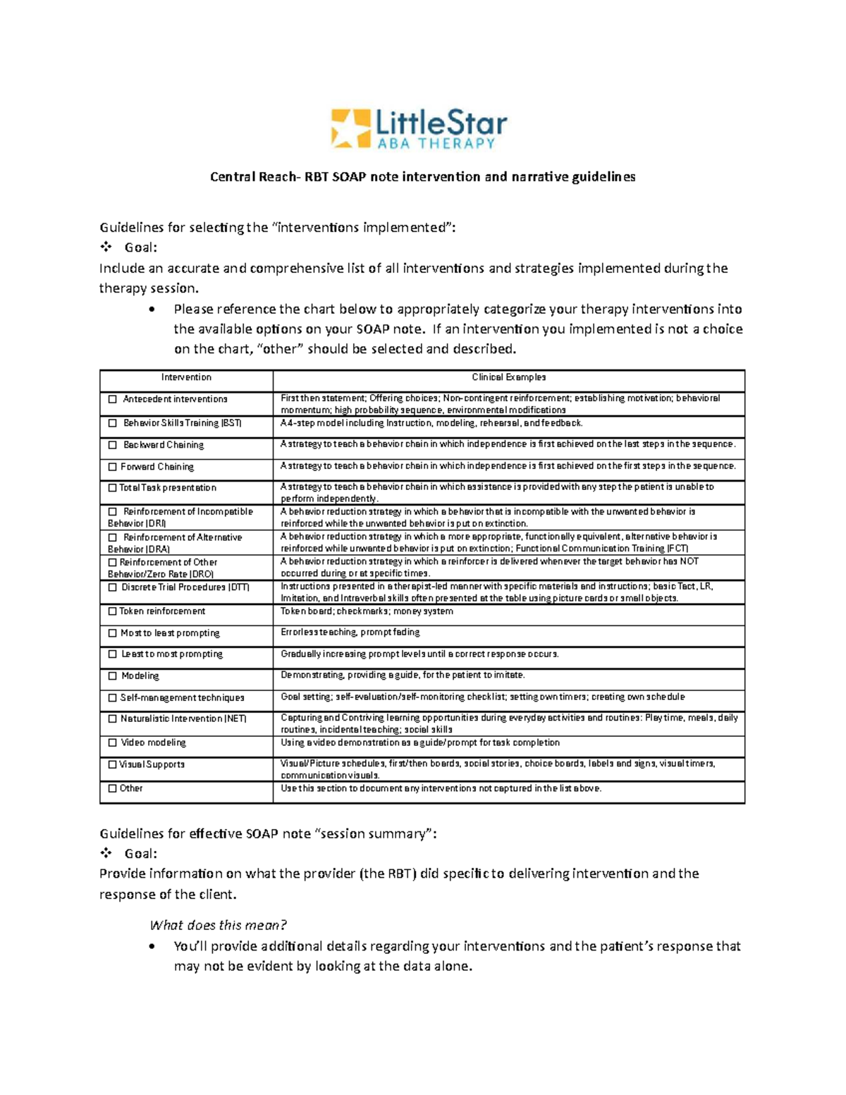 CR RBT SOAP Note Guidelines for Interventions and Narratives - Studocu