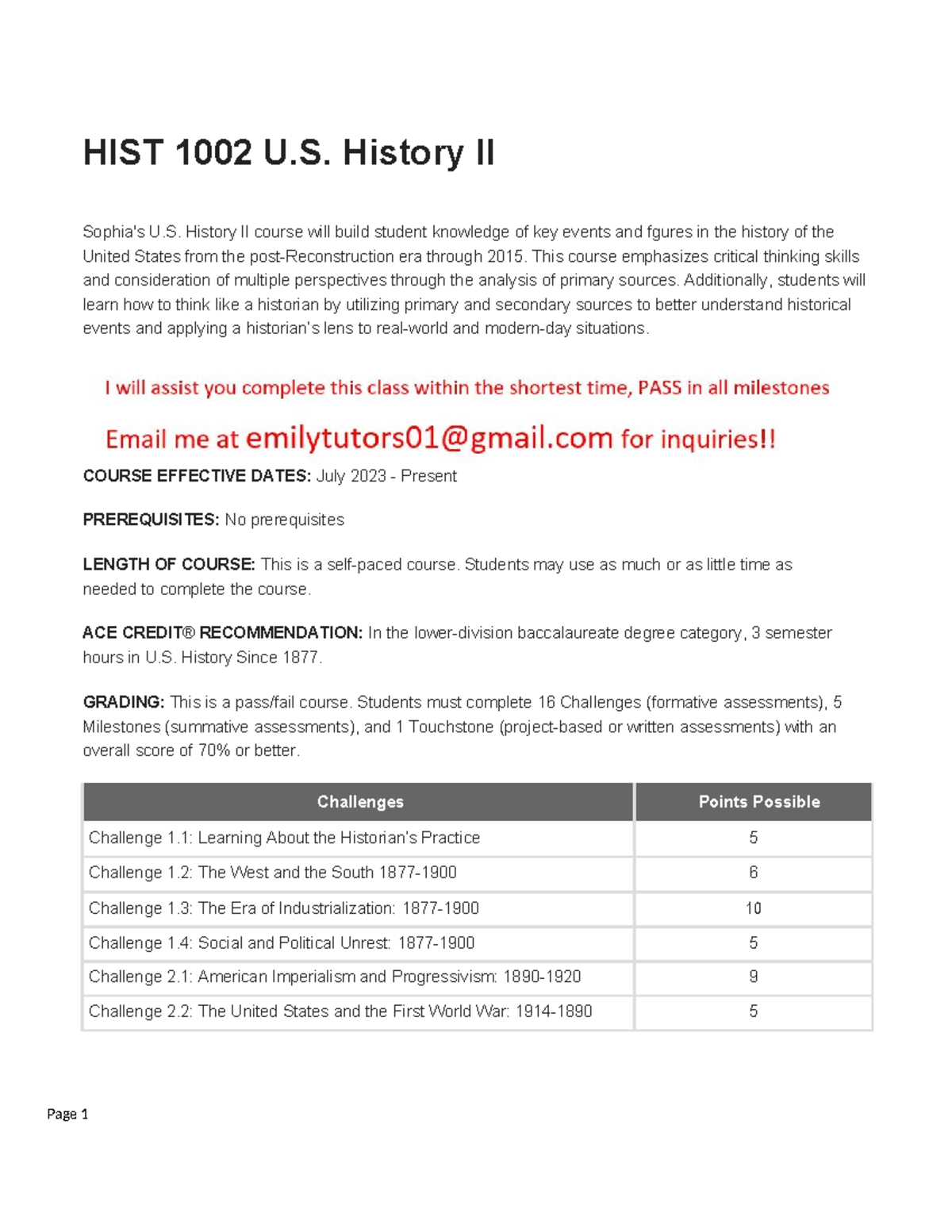 HIST 1002 U.S. History II Course Overview and Assessment Guide - Studocu