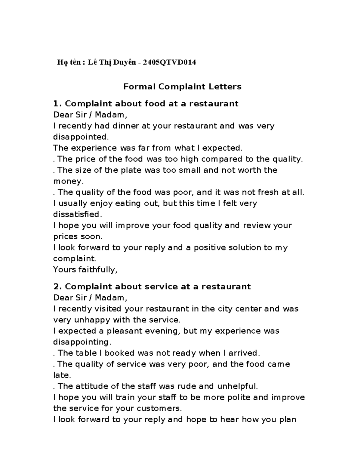 2405QTVD014 Formal Complaint Letters: Issues with Food, Service, and ...