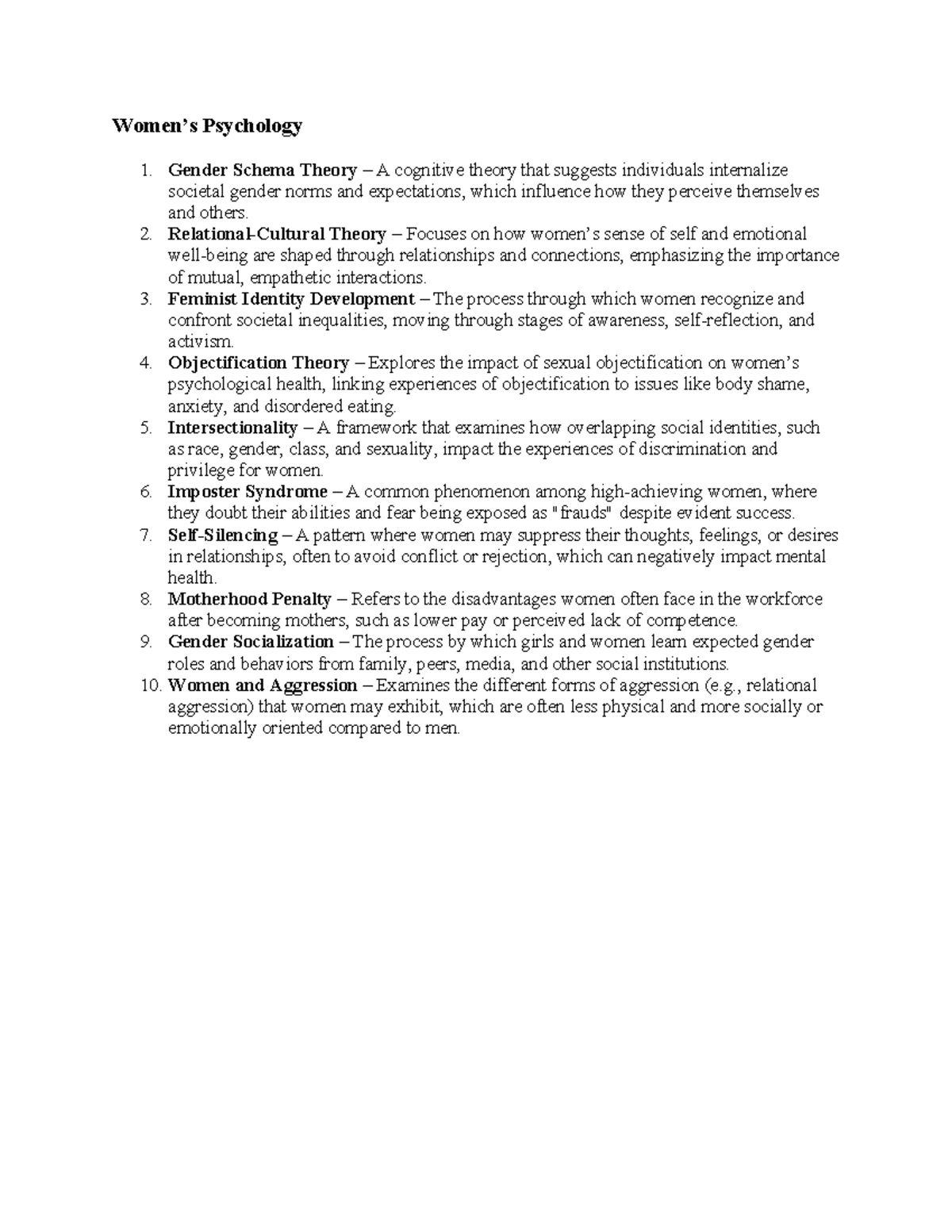 W - Summary - Women’s Psychology 1. Gender Schema Theory – A cognitive ...