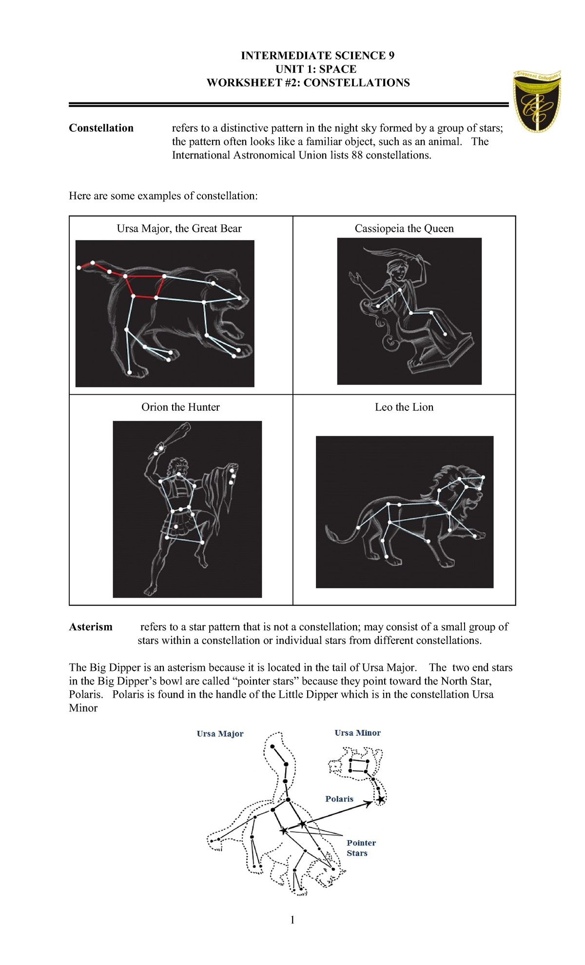 Science 9 unit 1 space worksheet 2 constellations 2016-2017 ...