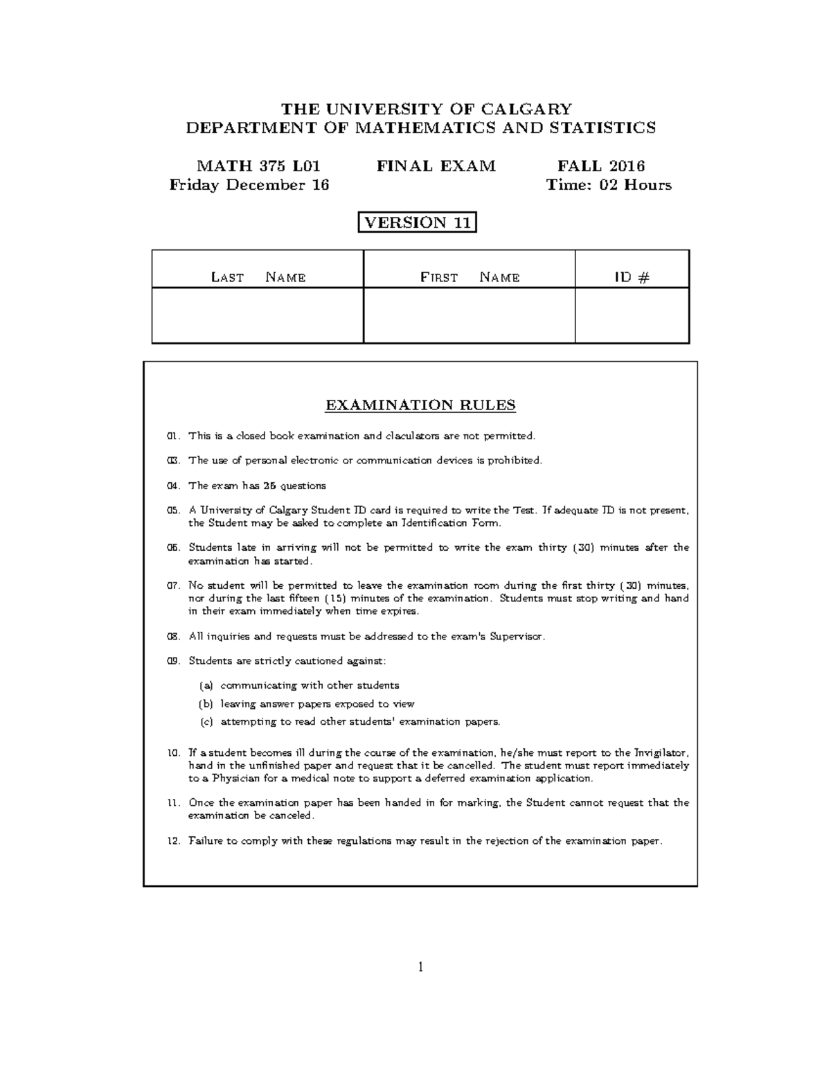 MATH 375 Final Exam Practice - Fall 2016 (Version 11) - Studocu