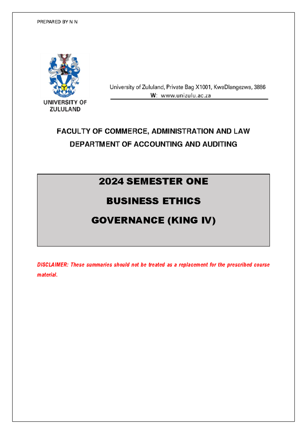 Business Ethics Governance (KING IV) - Summary & Key Principles - Studocu