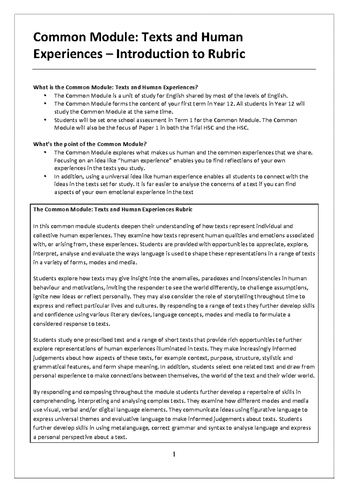 Common Module: Texts and Human Experiences - Rubric Overview - Studocu