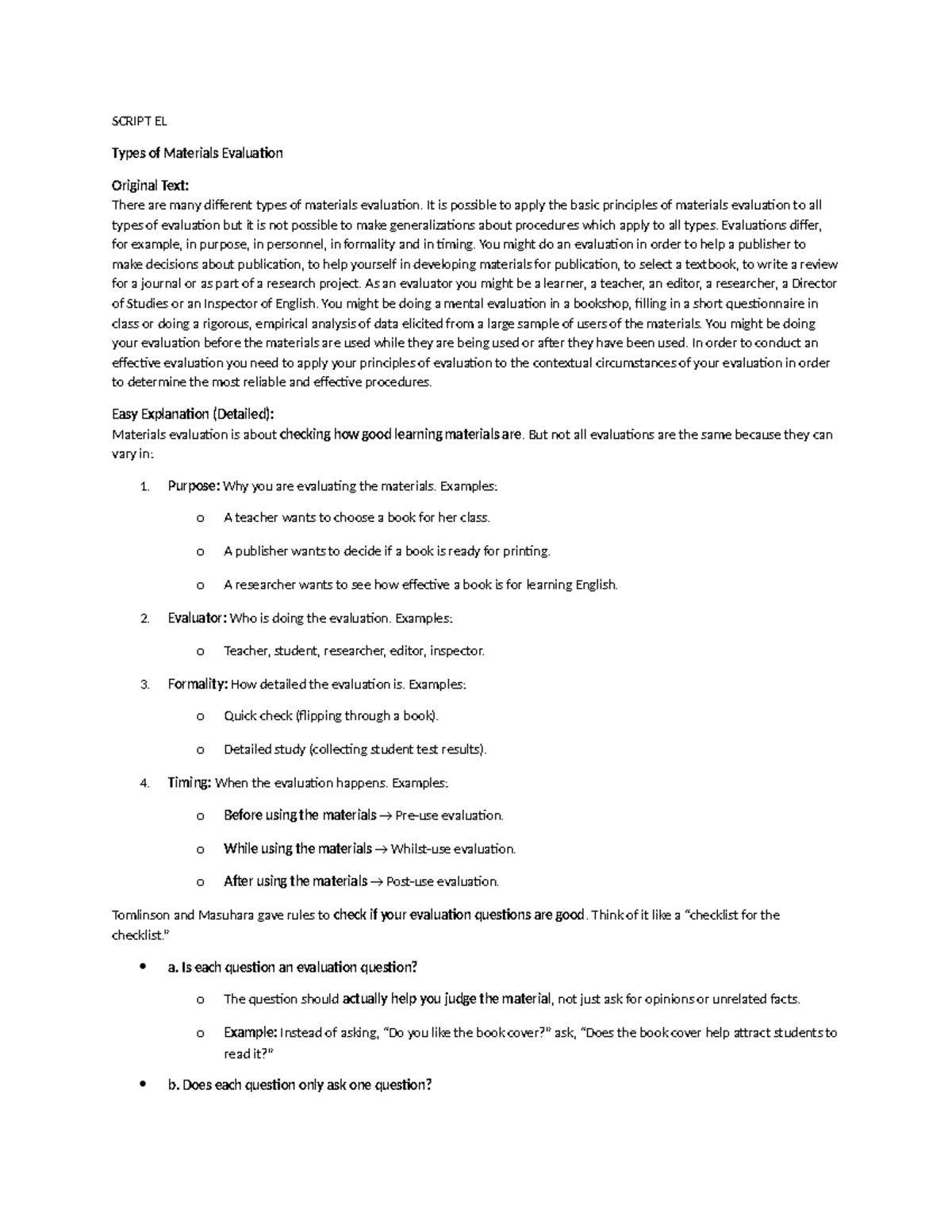 Script EL 306: Types of Materials Evaluation Explained - Studocu
