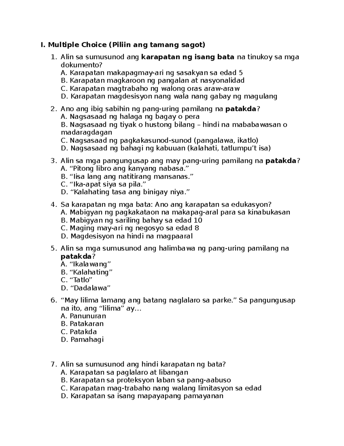 Summative Test W1 Q3: Multiple Choice & True/False on Children's Rights ...