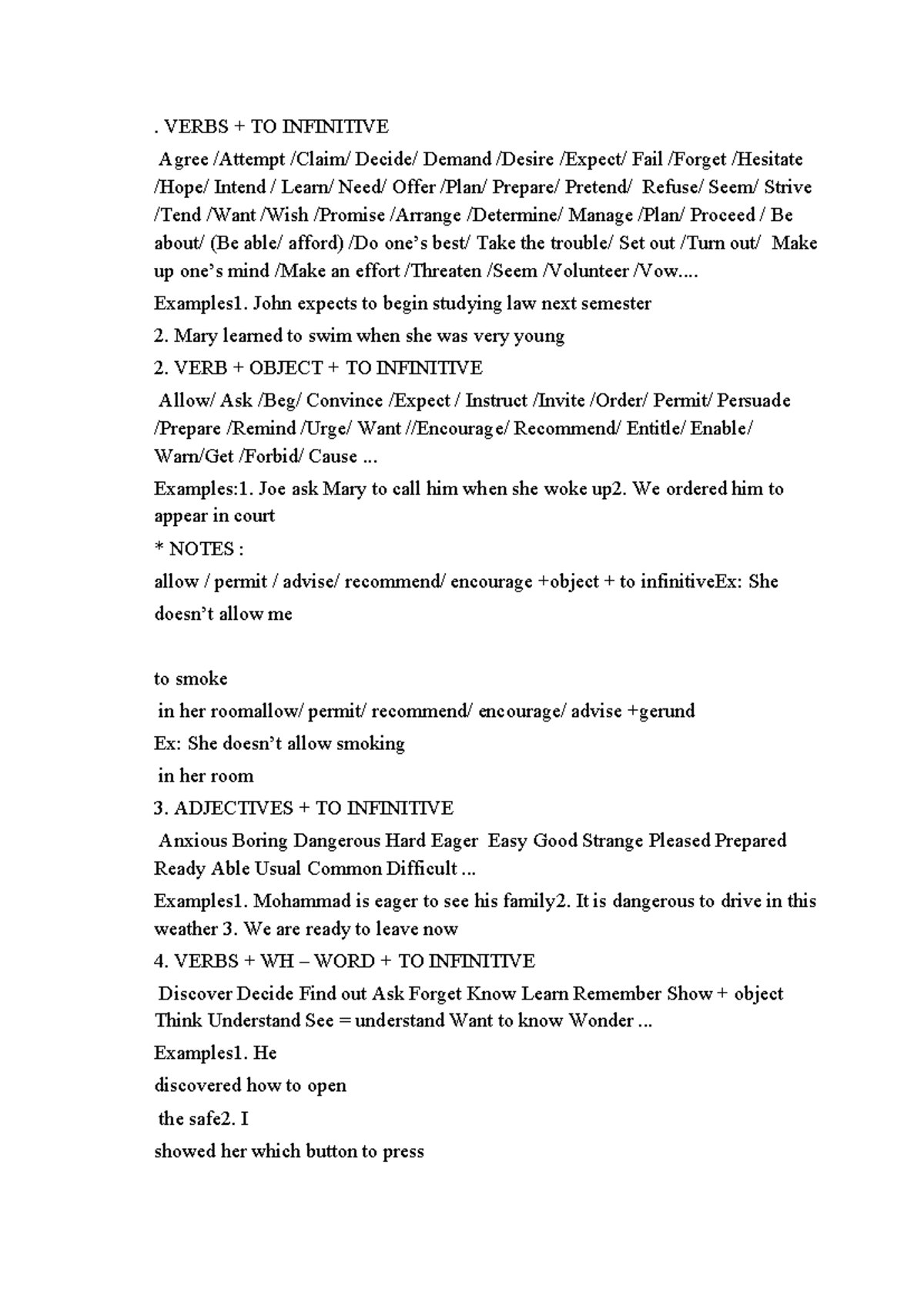 English Grammar: Verbs and Adjectives to Infinitive - Studocu