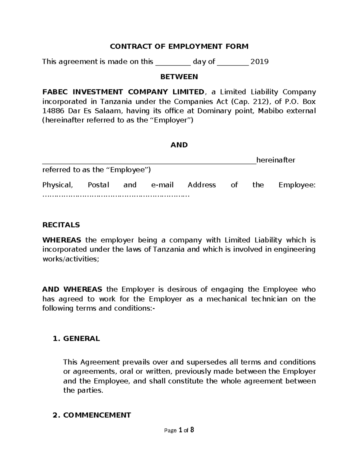 CONTRACT OF EMPLOYMENT FORM - FABEC INVESTMENT CO. LTD - Studocu