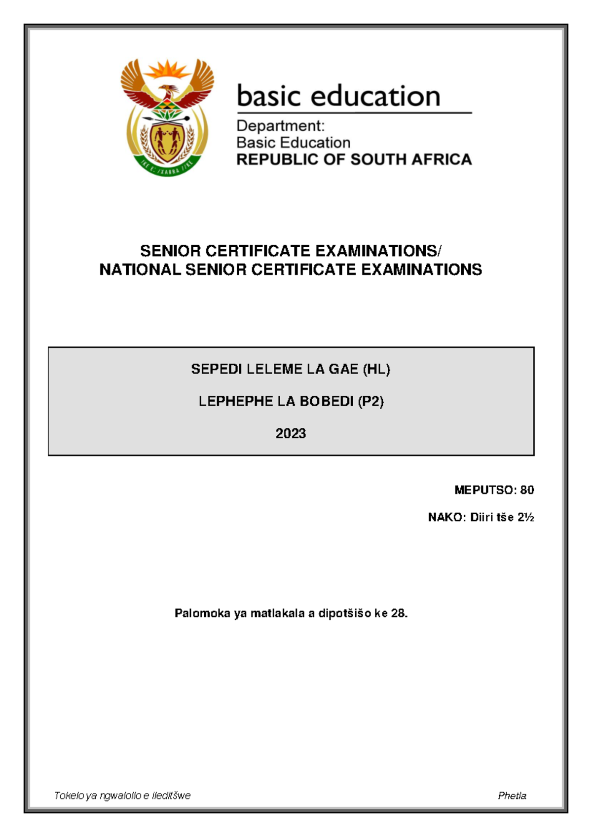 Sepedi HL P2 Final Exam Instructions and Question Guidelines - May/June ...