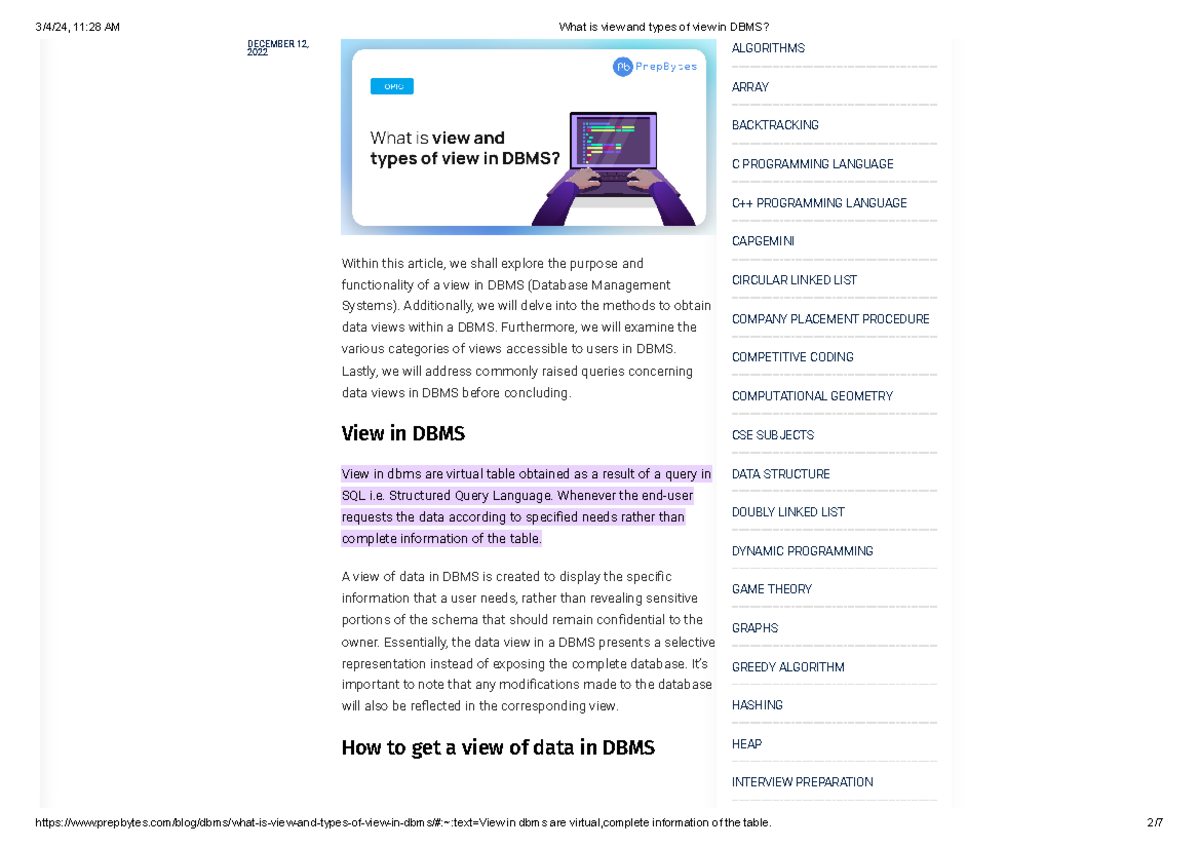 2.3What is view and types of view in DBMS - Within this article, we ...
