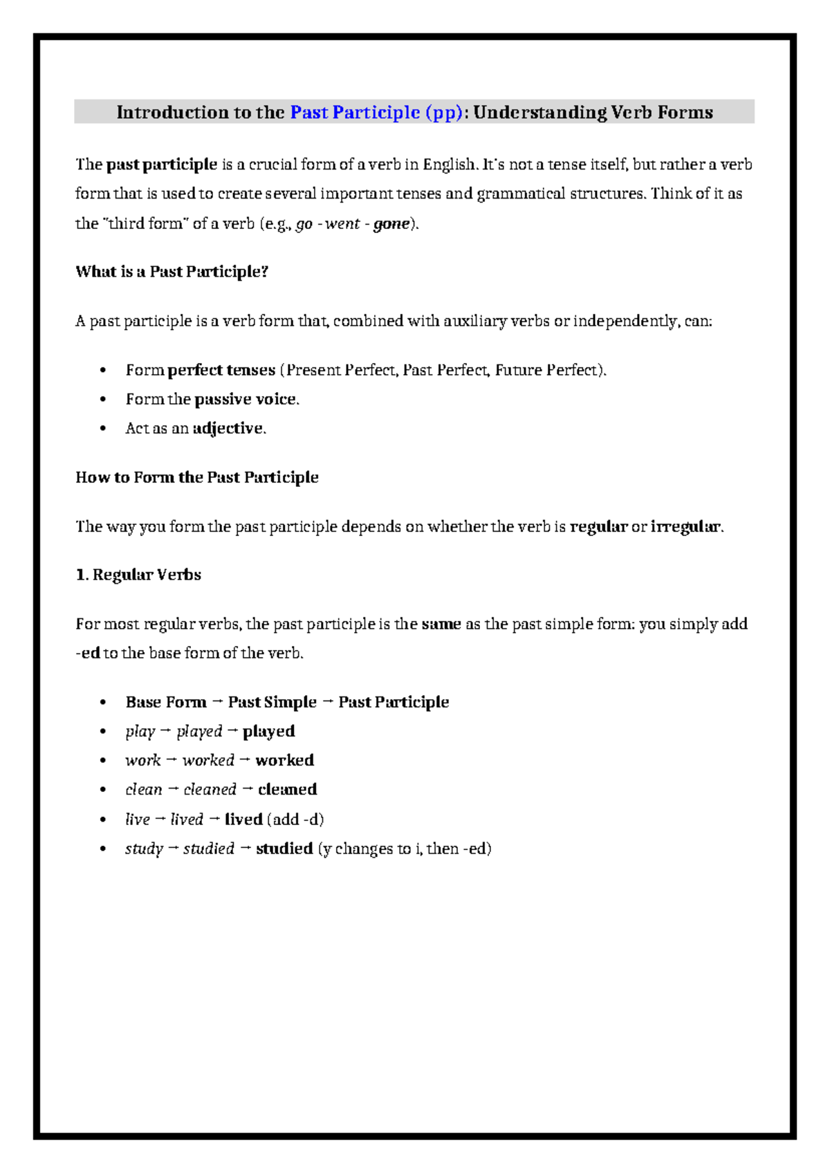 Introduction to the Past Participle (pp): Mastering Verb Forms - Studocu