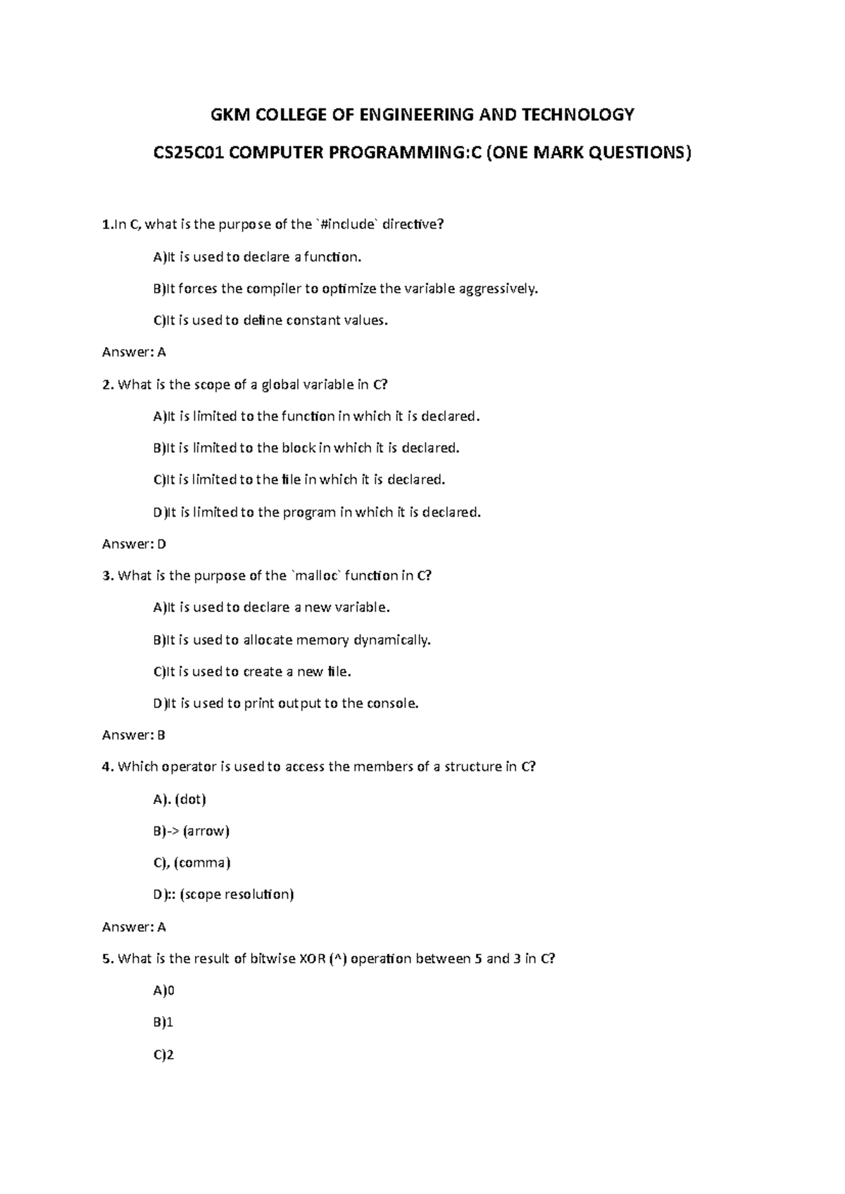 CS25C01 Computer Programming: One Mark Questions MCQ Notes - Studocu