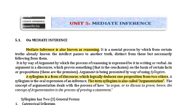 Unit 5 - Mediate Inference: Understanding Syllogism and Argumentation - Studocu