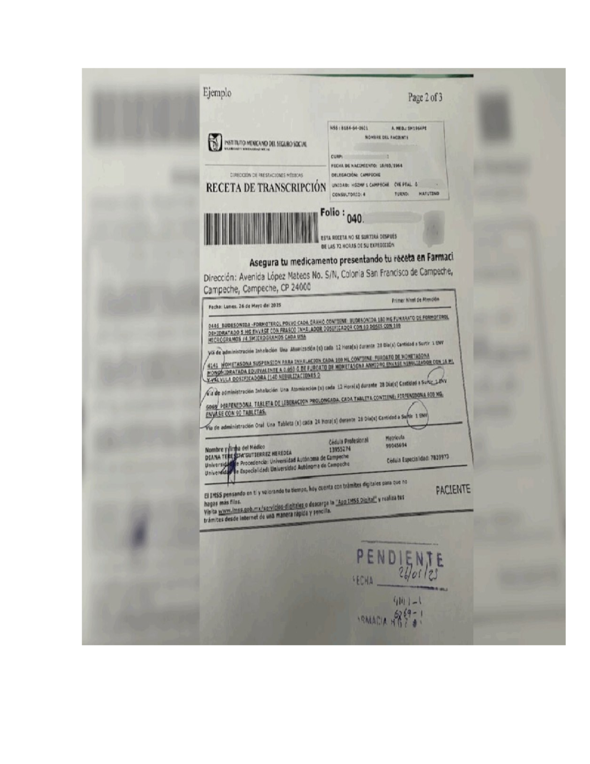 Receta Médica - NSS A. MED.: SM1964PE - 26 Mayo 2025 - Studocu