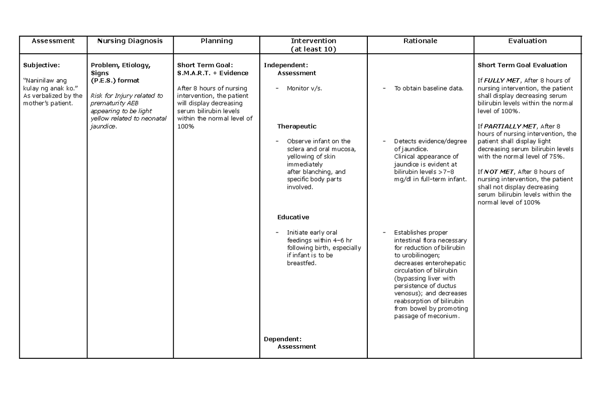 Newborn NCP - Assessment Nursing Diagnosis Planning Intervention (at least 10) Rationale ...