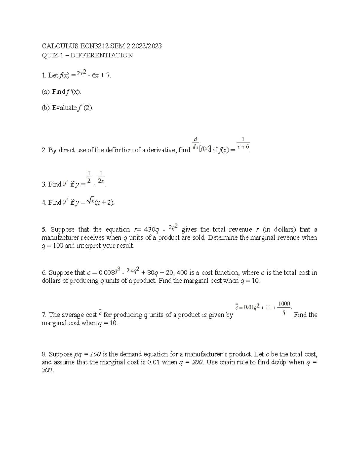 CALCULUS ECN3212 SEM 2 QUIZ 1: DIFFERENTIATION & REVENUE ANALYSIS - Studocu