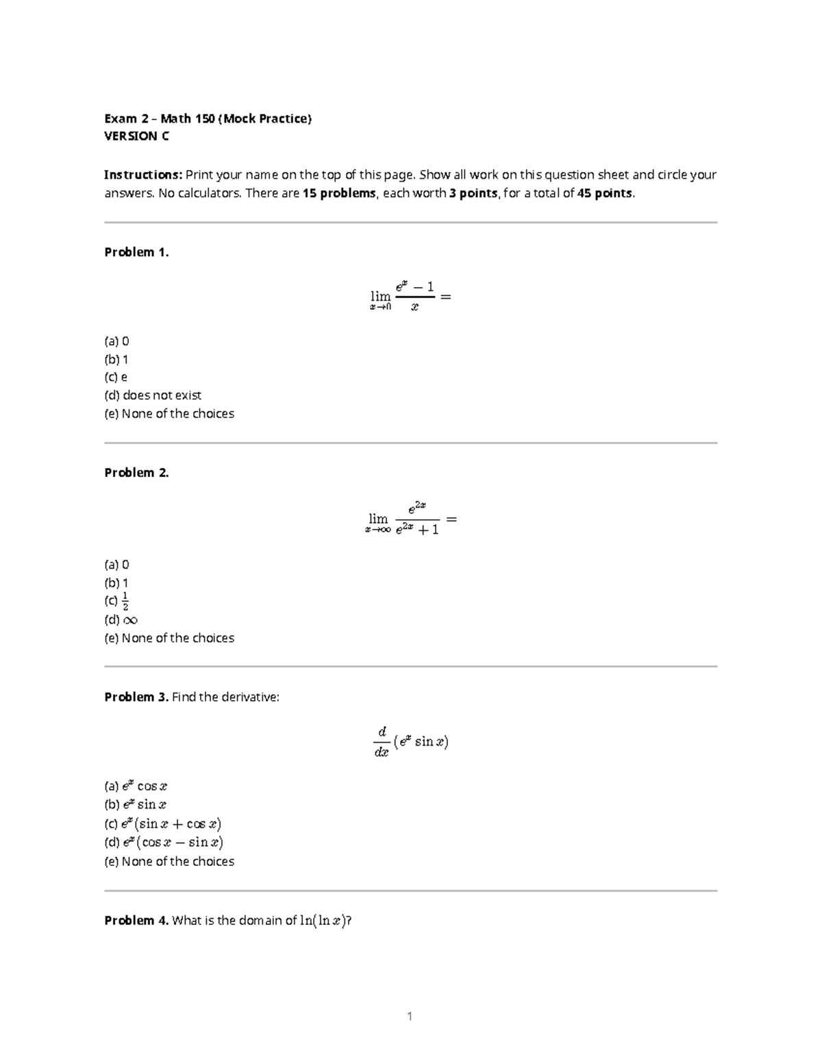 Mock Exam 2 Math 150 - Practice Version C - Studocu