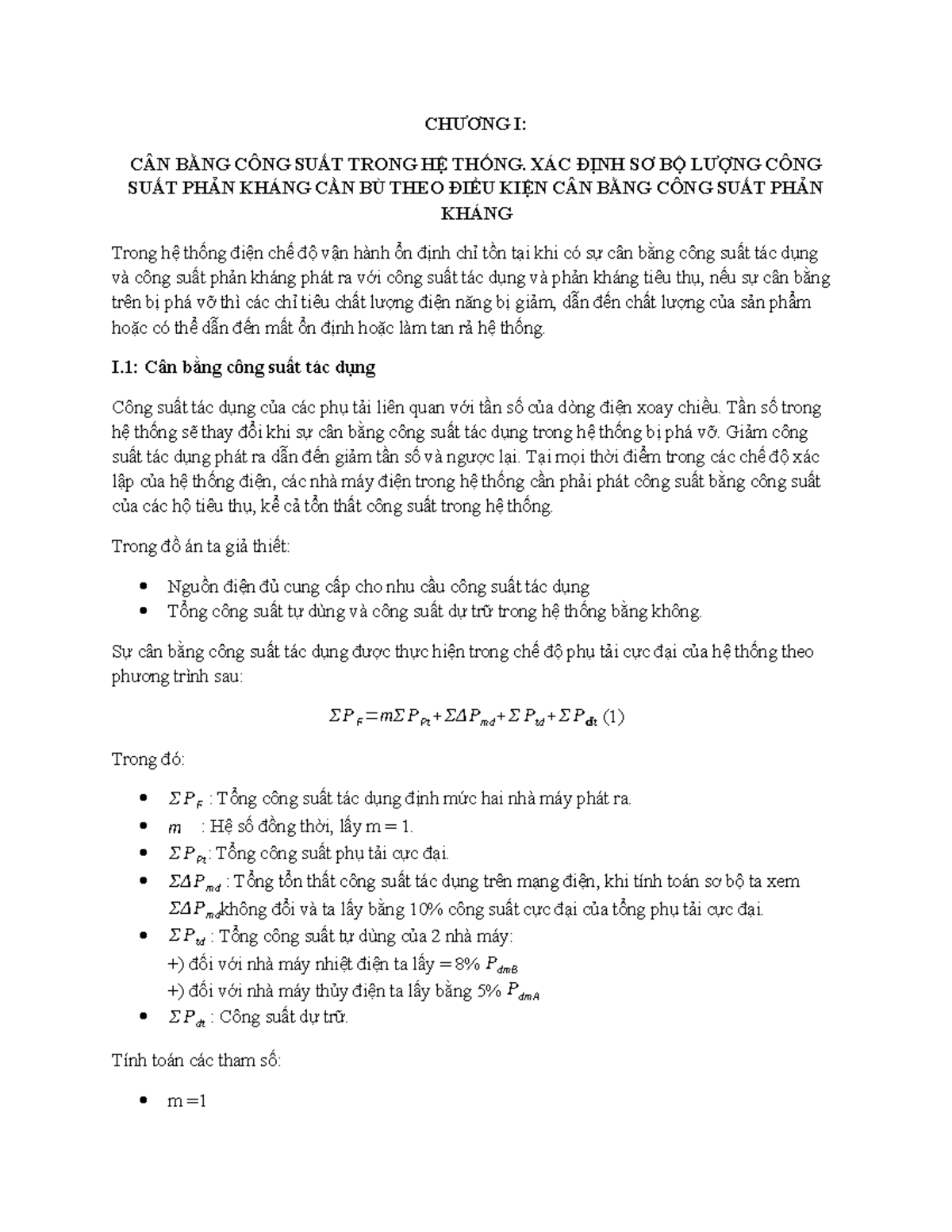 CHƯƠNG I: CÂN BẰNG CÔNG SUẤT TRONG HỆ THỐNG ĐIỆN - PBL3 - Studocu