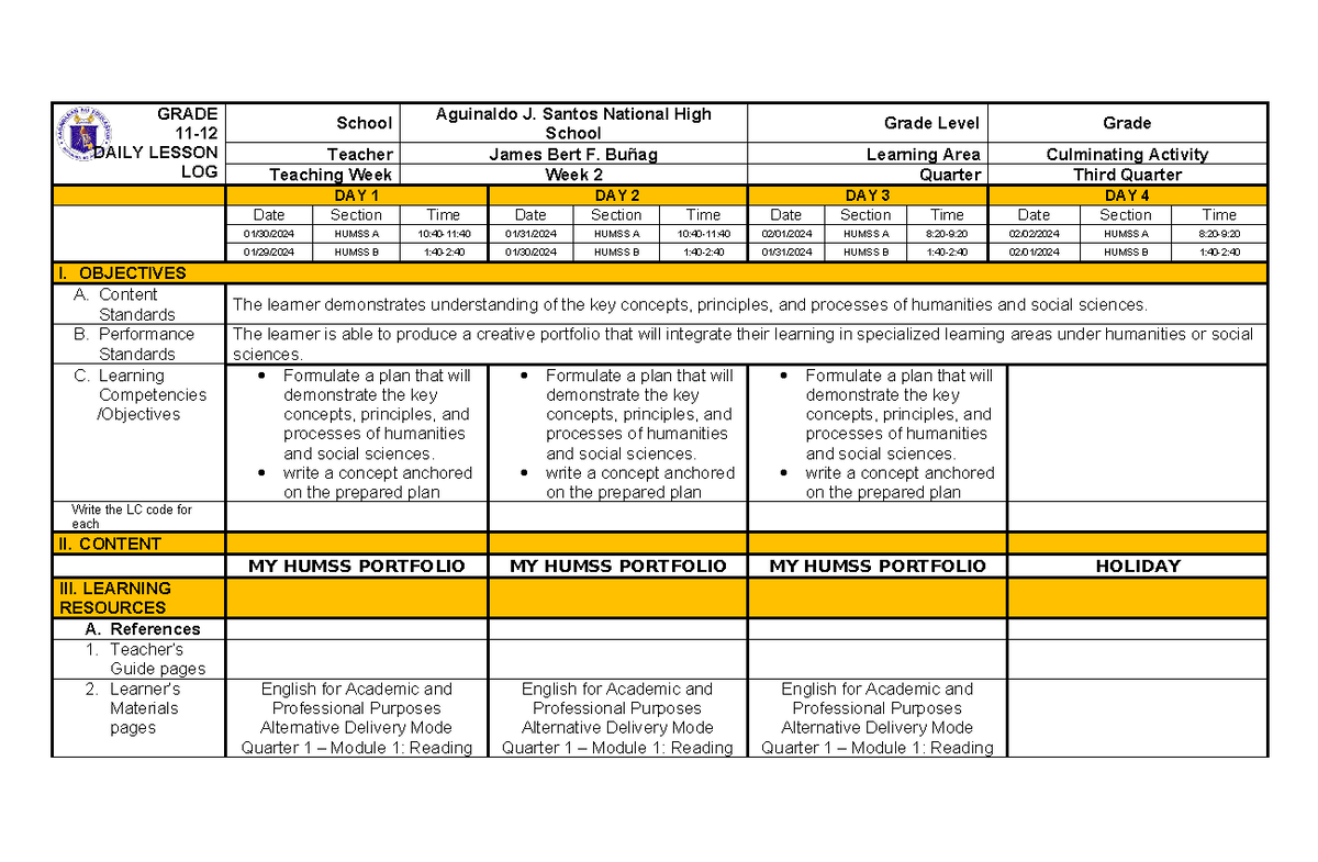 Culminating Activity: Daily Lesson Log for DLL Week 2 - HUMSS - Studocu