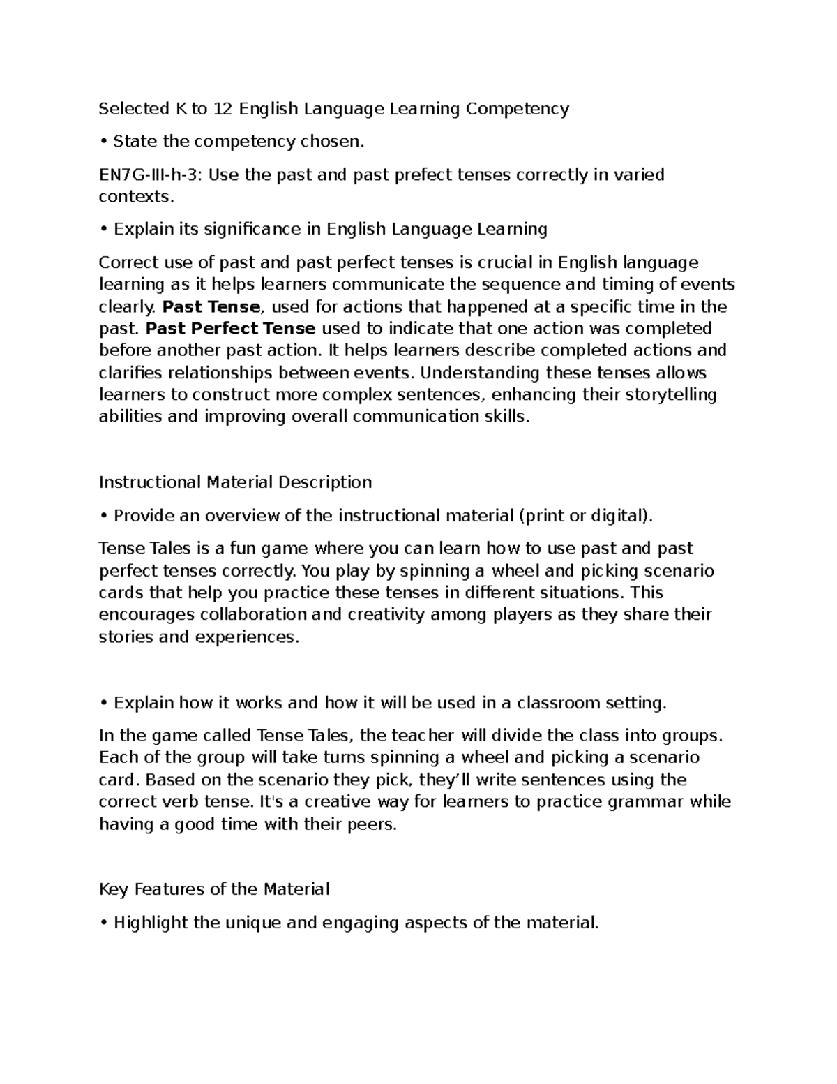 Adelaide - K to 12 English Competency: Mastering Past Tenses - Studocu