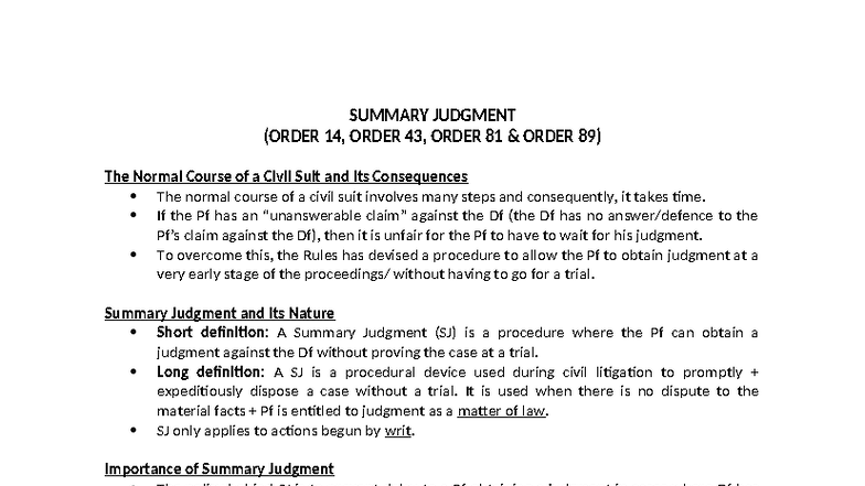 SUMMARY JUDGMENT UNDER ORDER 14 & ORDER 81: A Comprehensive Guide - Studocu