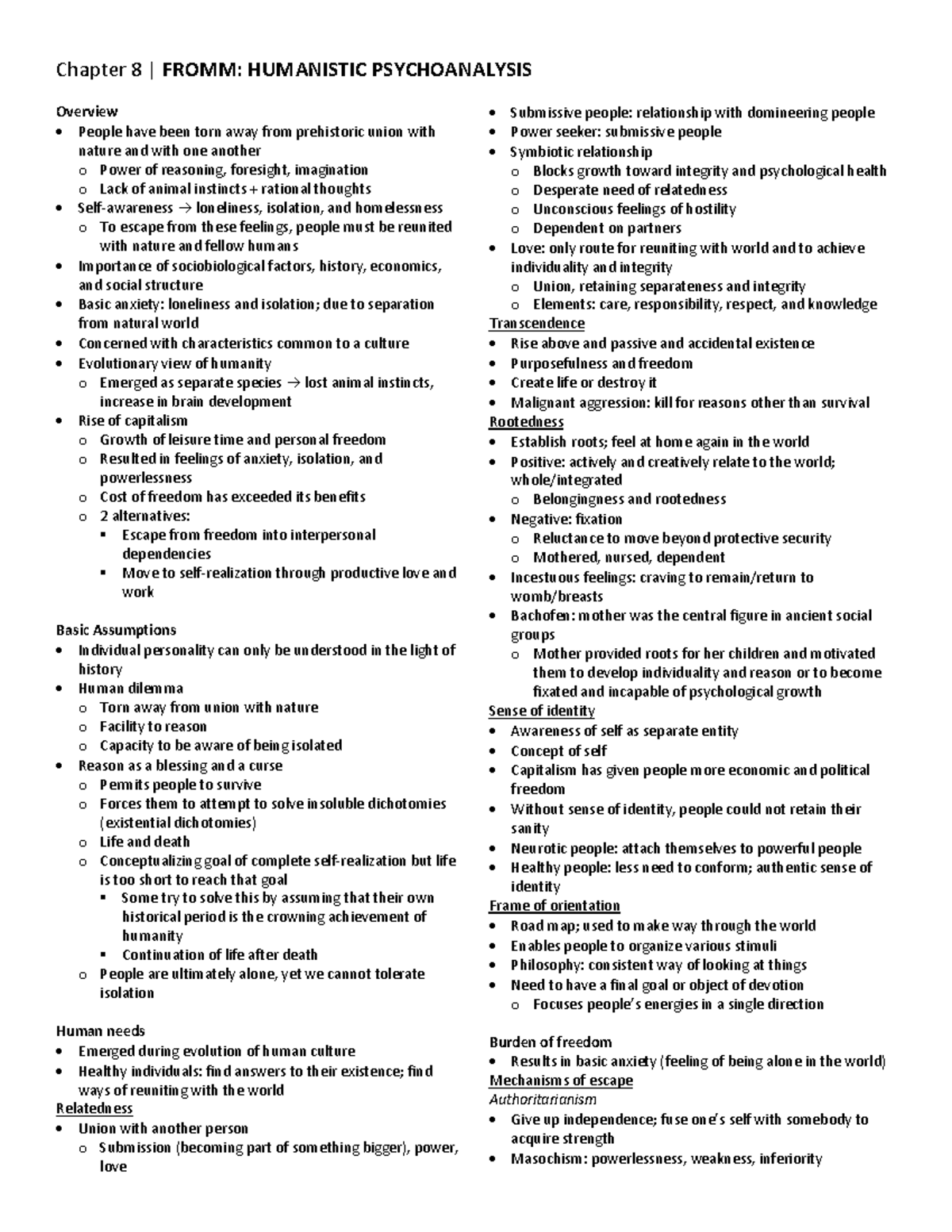 Feist PSY 301: Chapter 8 Summary - Fromm's Humanistic Psychoanalysis - Studocu