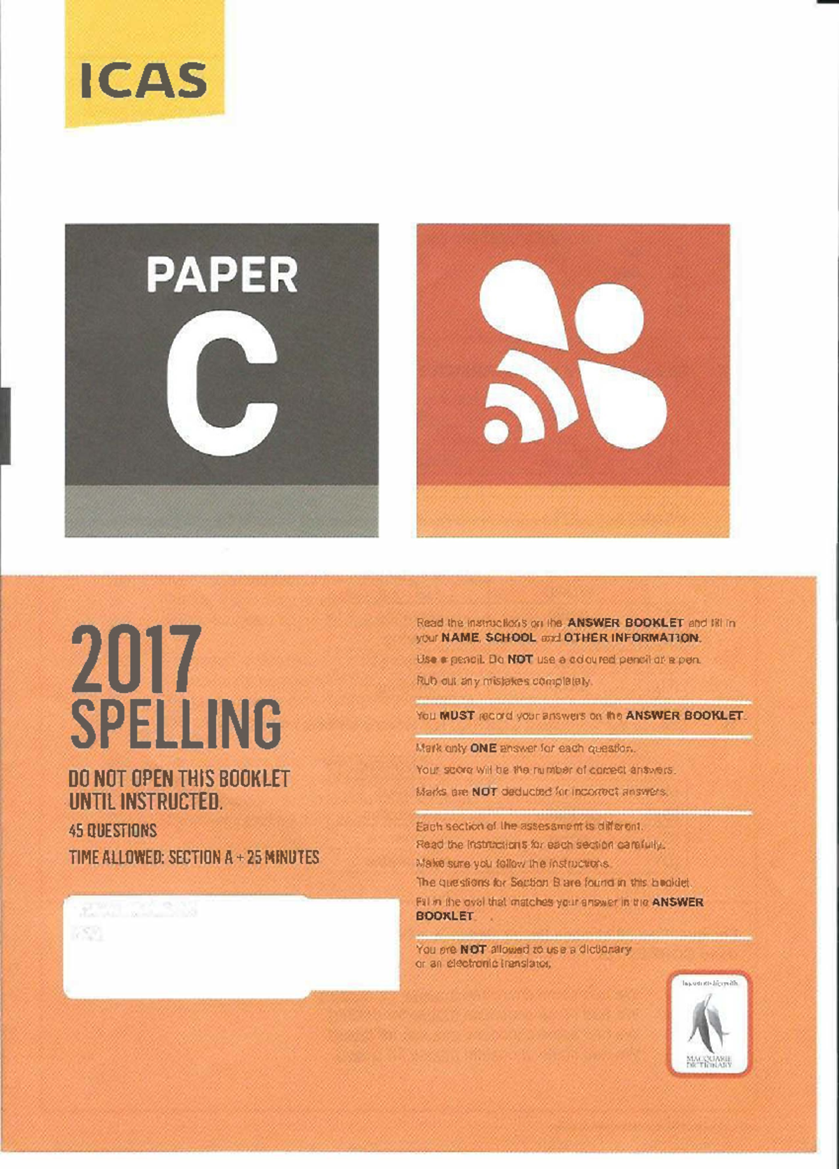 ICAS Y5 Spelling 2017: Practice Questions and Instructions - Studocu