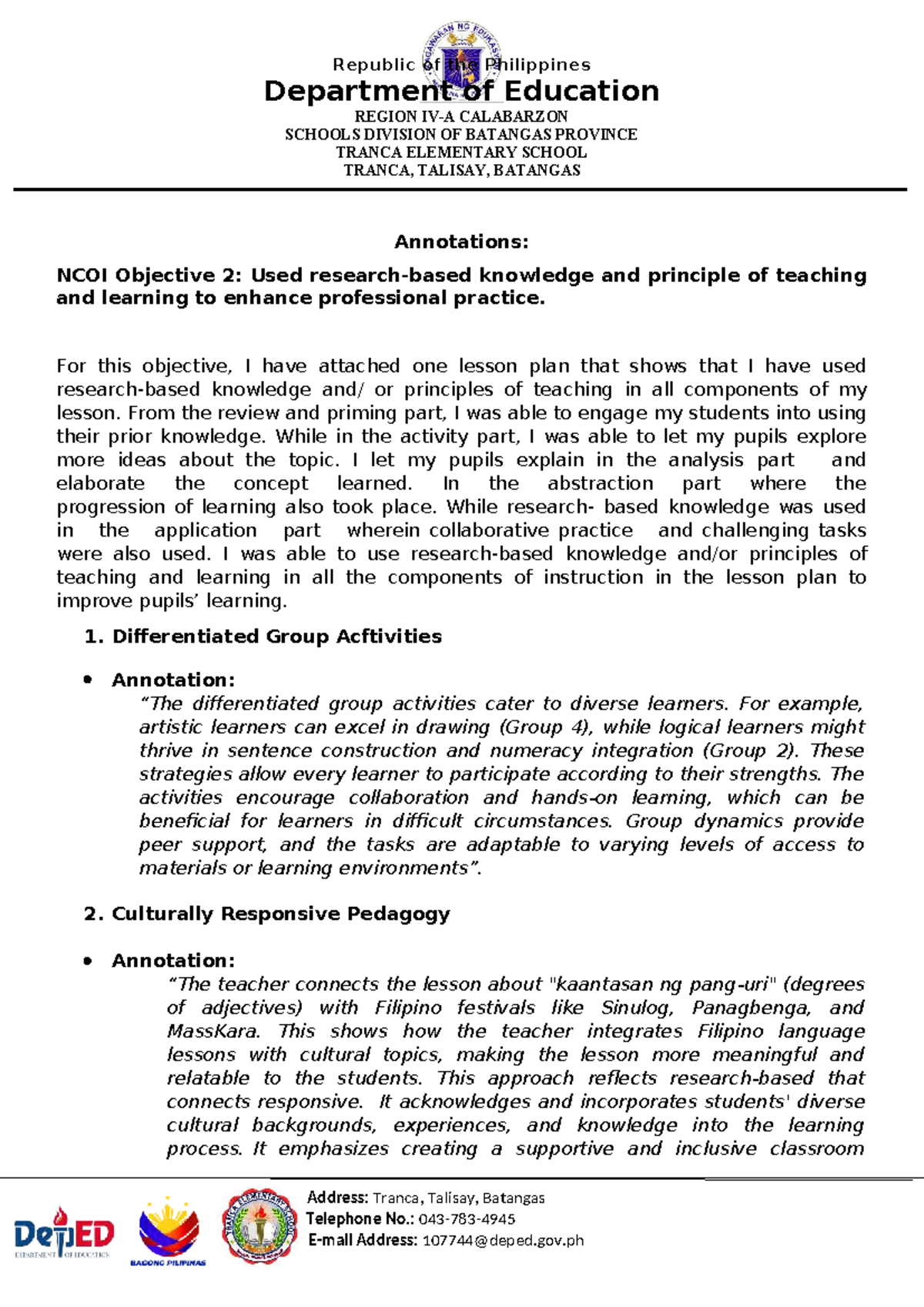 NCOI Obj 2: Enhancing Teaching Practices through Lesson Planning - Studocu