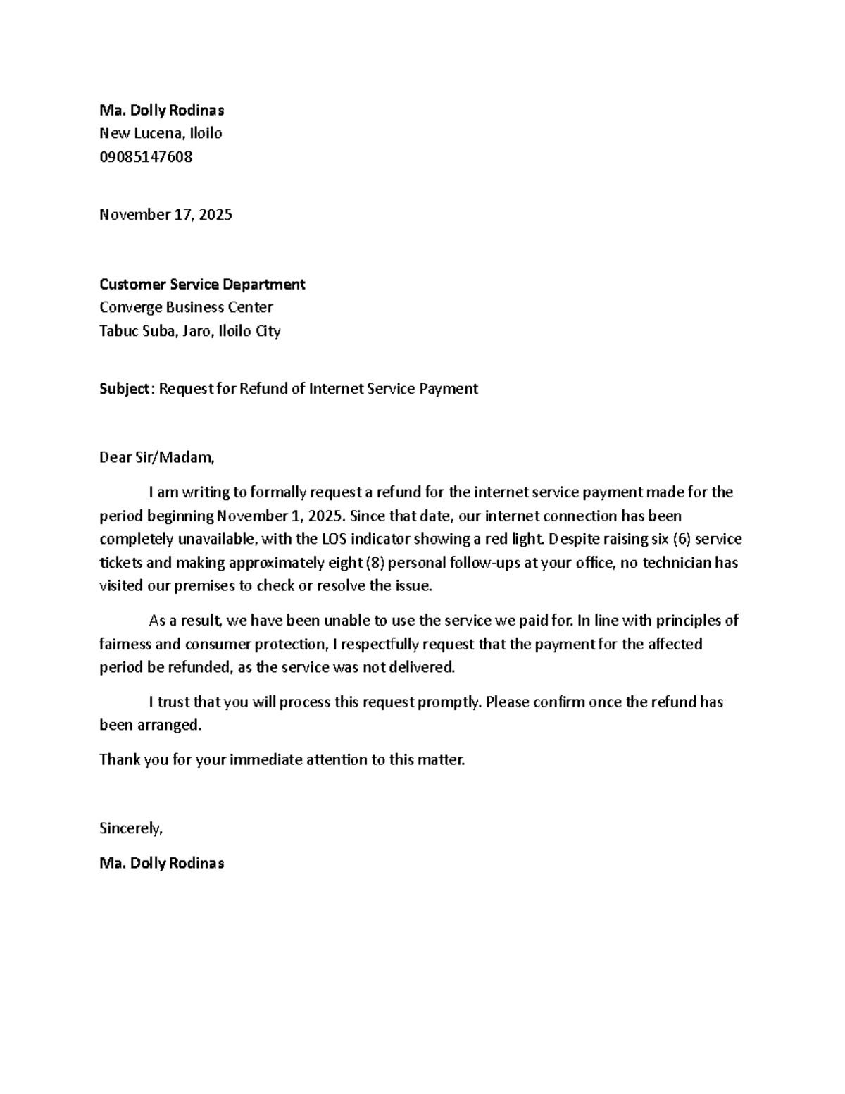 Request Letter for Refund of Internet Service Payment - Studocu