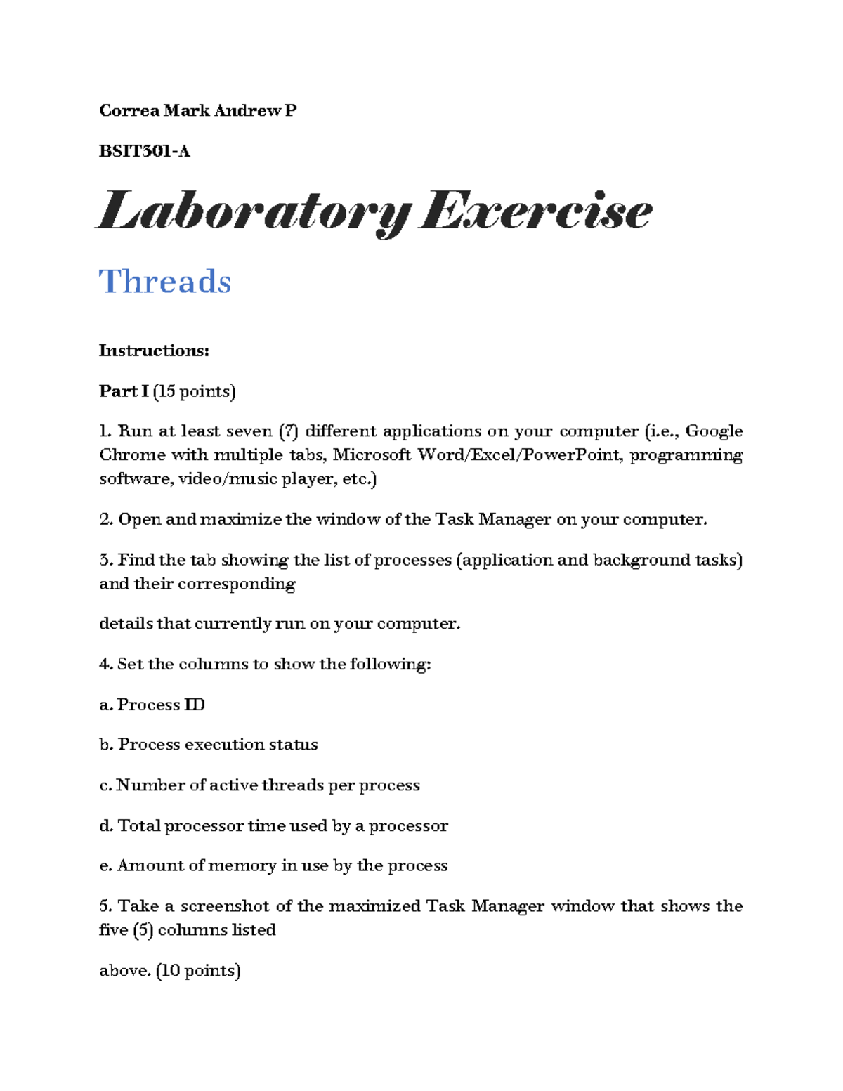 Laboratory Exercise on Threads for BSIT301-A Students - Studocu