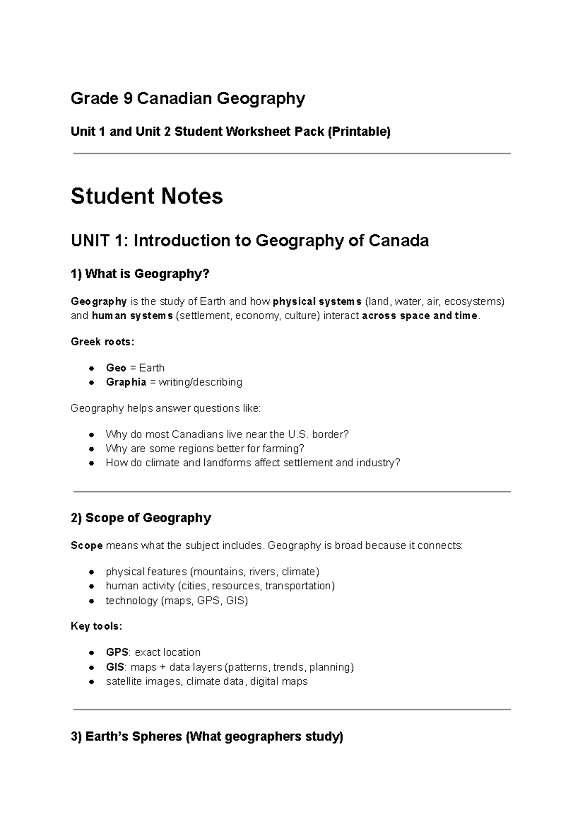 Grade 9 Canadian Geography CGC1D Unit 1 & 2 Student Worksheet Pack ...
