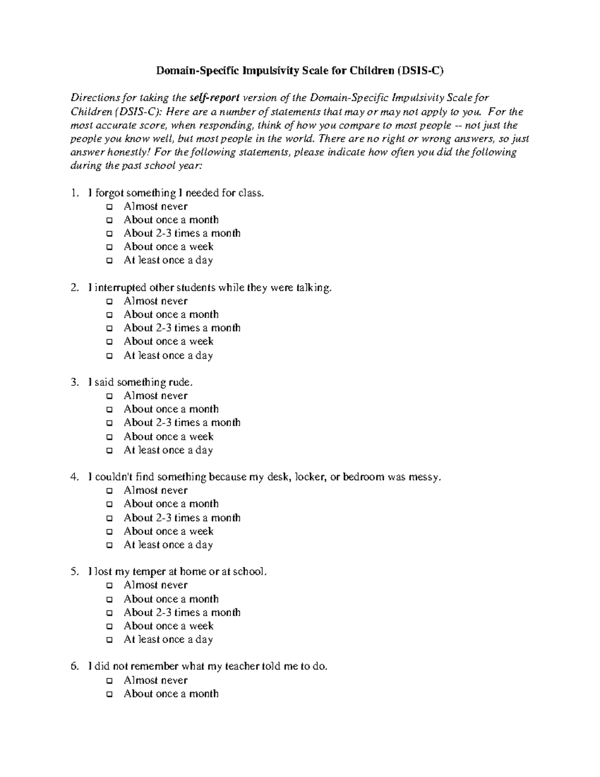 DSIS-C - Impulsivity Scale for Children Directions and Scoring - Studocu