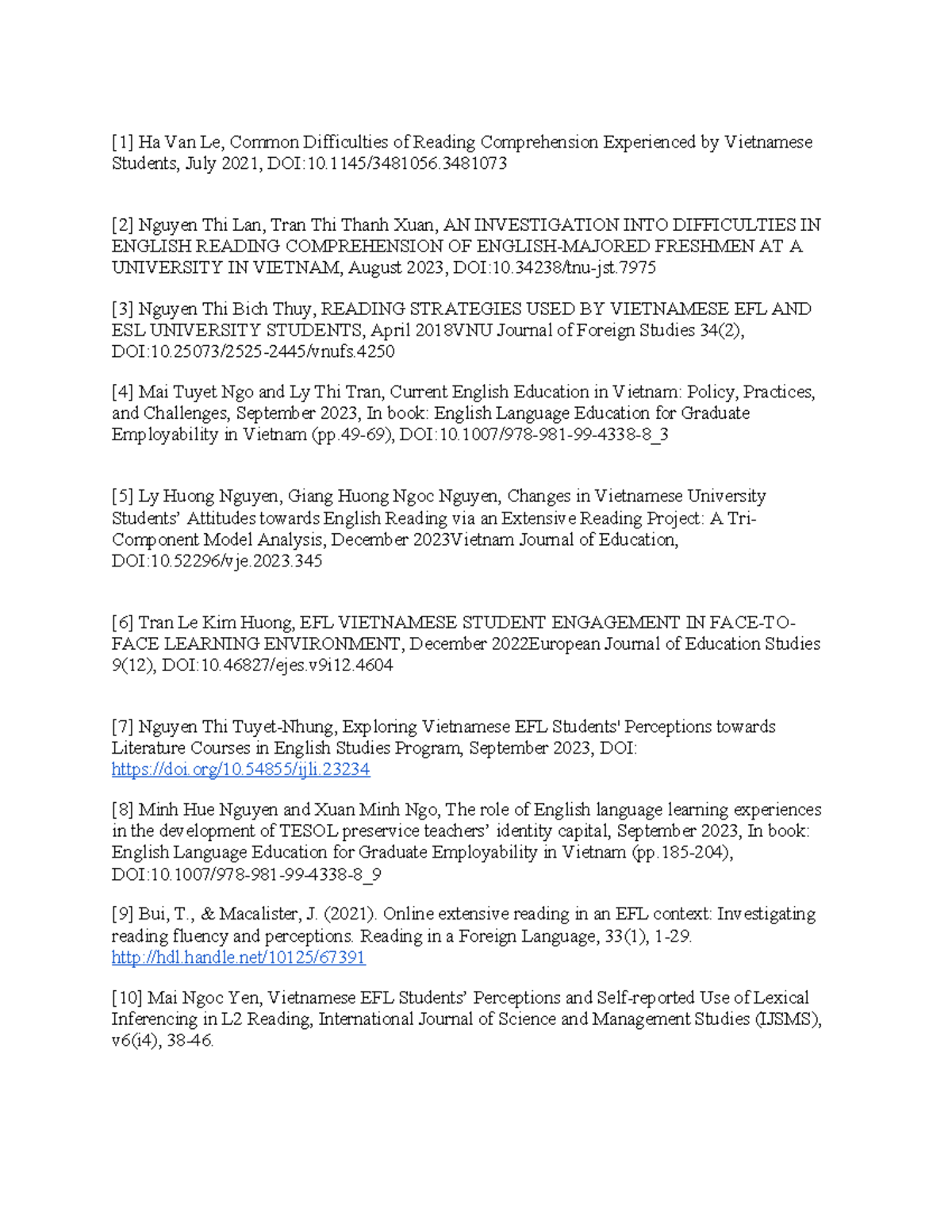 References - Common Reading Comprehension Issues in Vietnamese EFL Students - Studocu