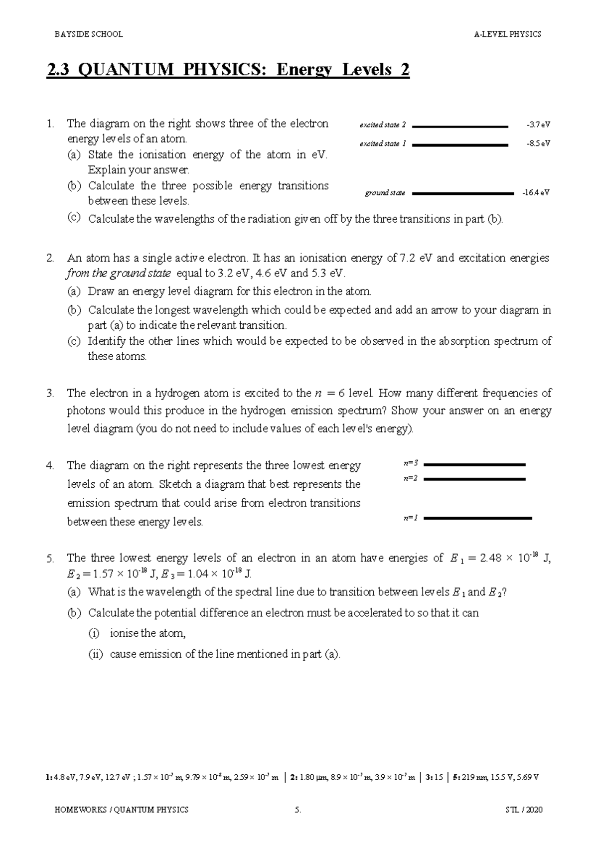 BAYSIDE SCHOOL PHYSICS 2.3 FINAL EXAM: Quantum Energy Levels Analysis ...