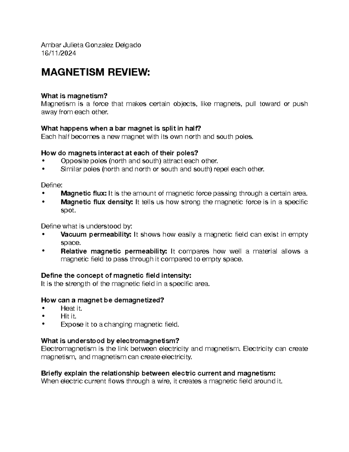 Magnetism Review: Key Concepts and Definitions for Study - Studocu