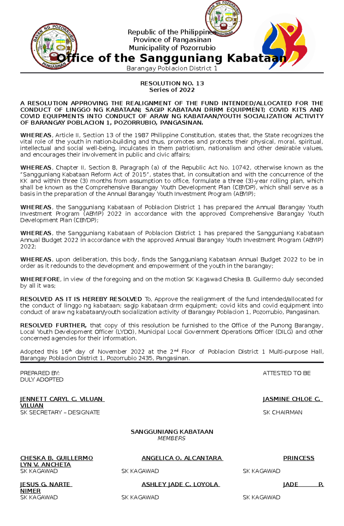 Final Realignment Resolution for SK Araw ng Kabataan Activity - Studocu