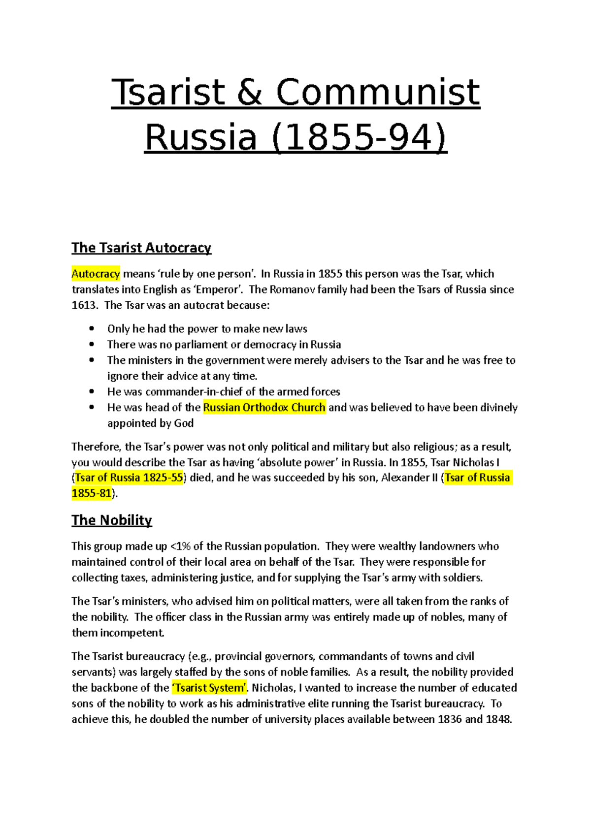 Tsarist Russia (1855-94) - Knowledge Organise (19) - Tsarist ...